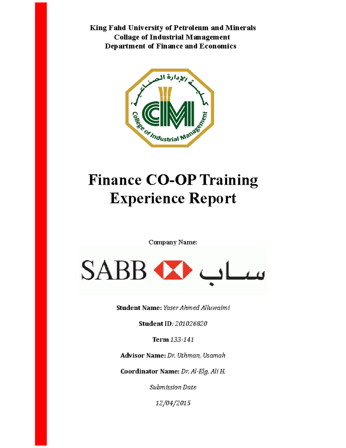 Final report COOP - King Fahd University of Petroleum and Minerals Collage of Industrial ...