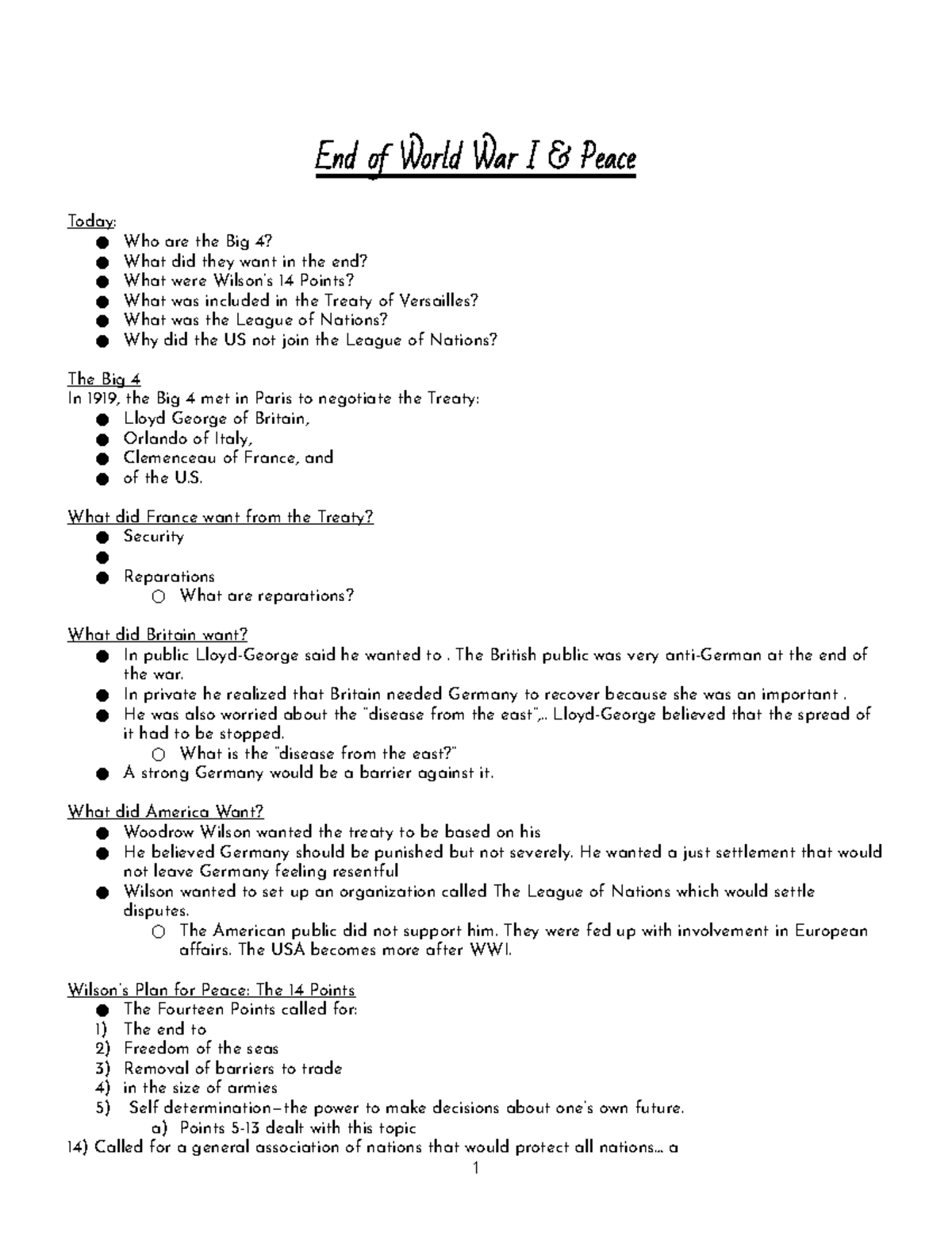 End of WWI-Peace Guided Notes - End of World War I & Peace Today: Who ...