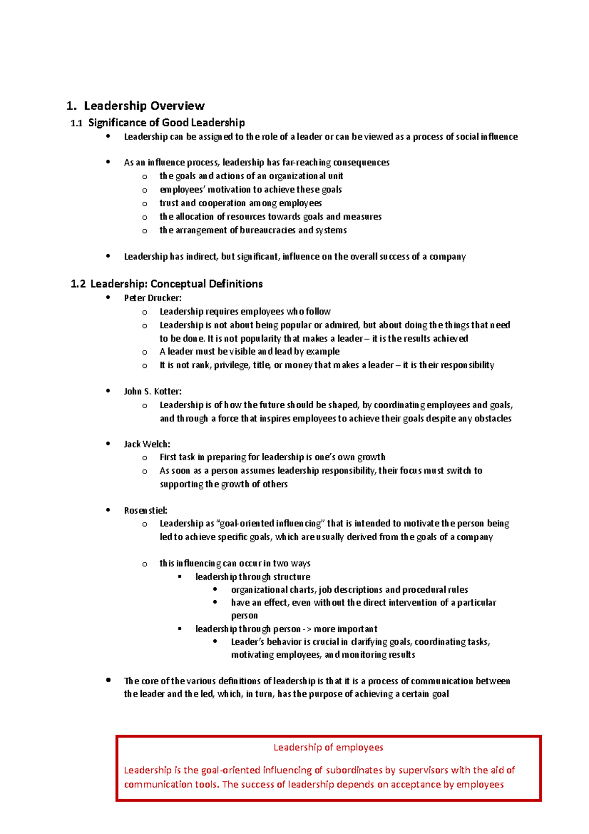 Leadership Chapter 1 Summary - 1. Leadership Overview 1 Significance of ...