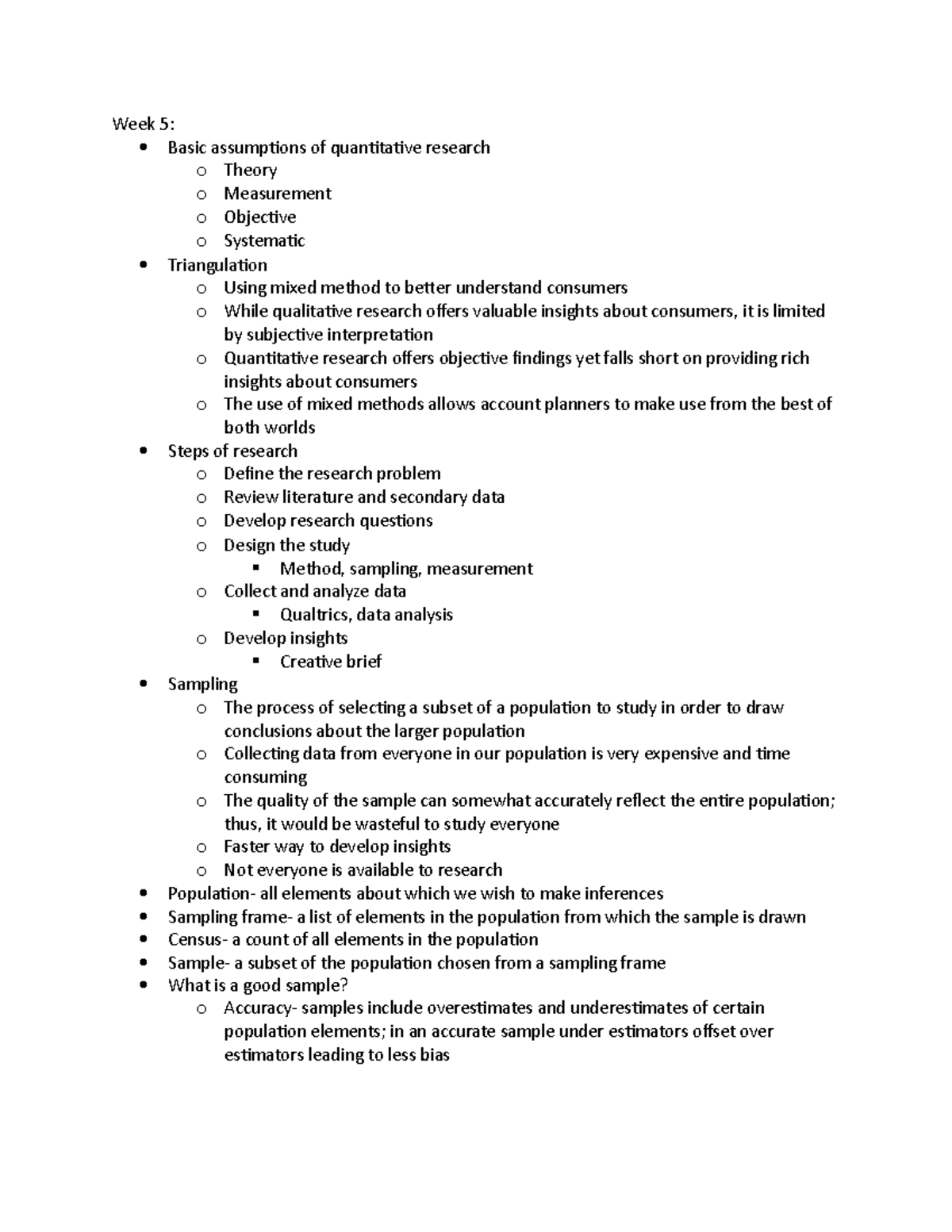 ADV 342 W5 Notes - Week 5: Basic assumptions of quantitative research o ...