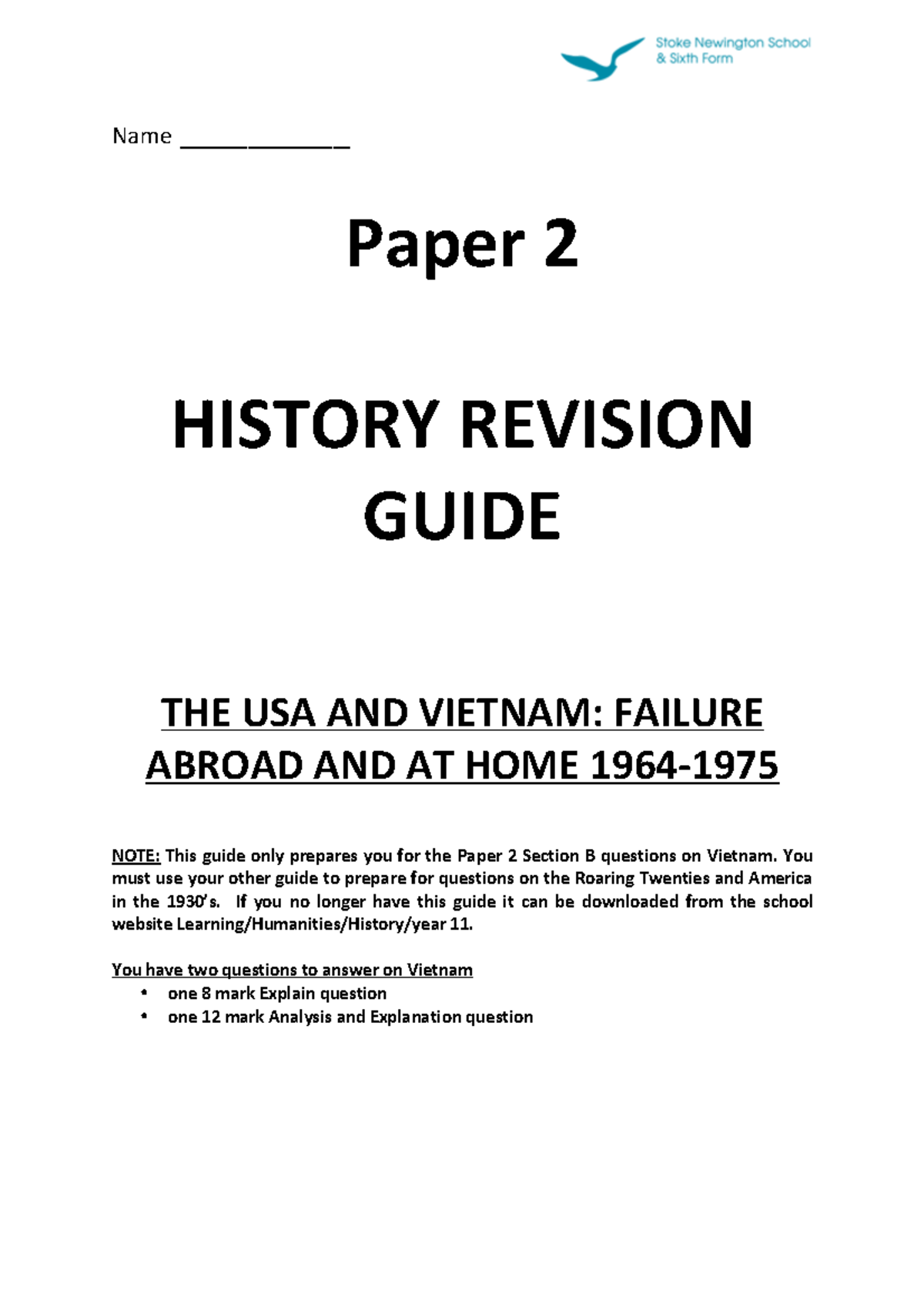Year 11 Vietnam revision guide 2016 - Name __________ Paper 2 HISTORY ...