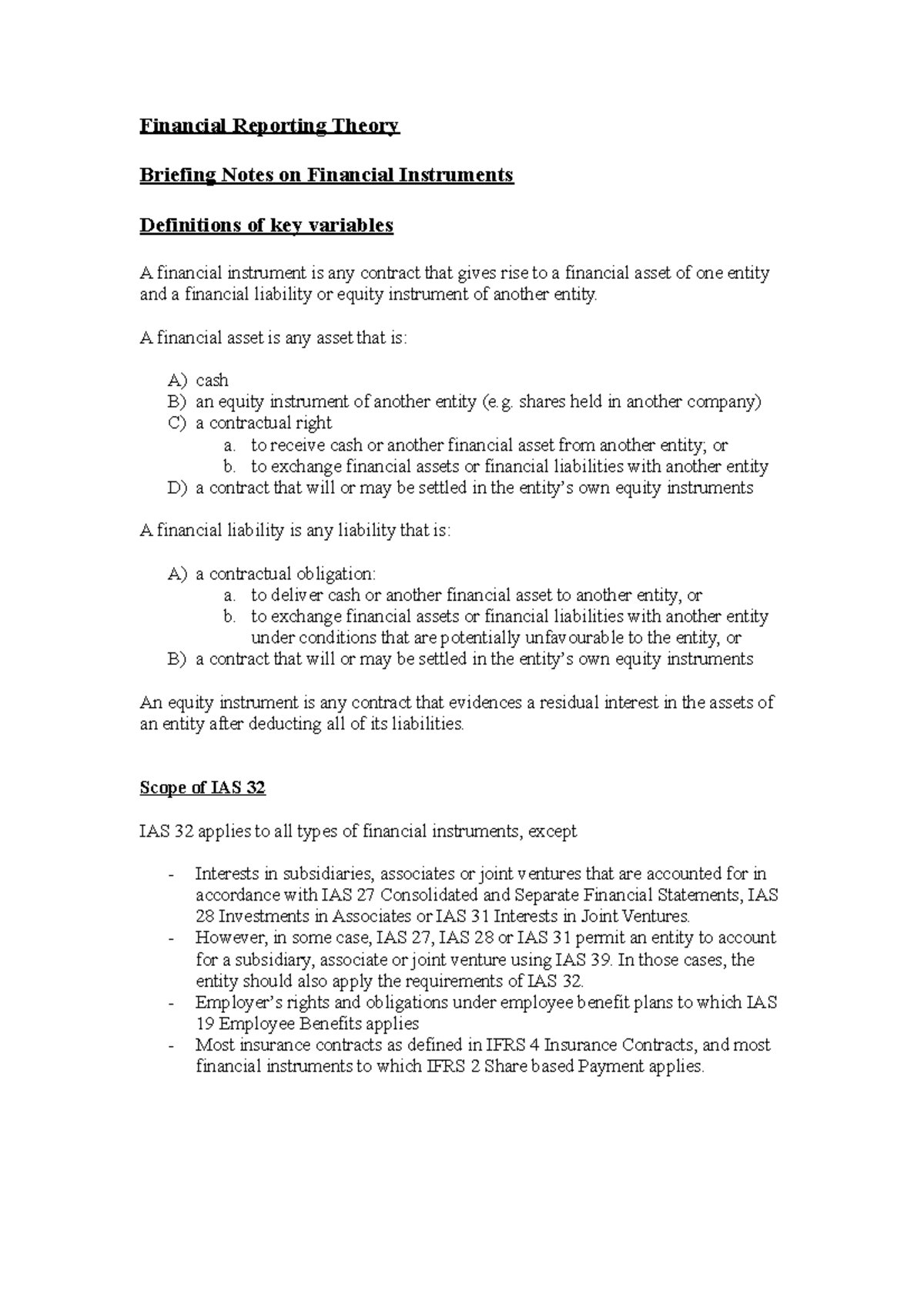 Briefing notes to financial instruments - Financial Reporting Theory ...