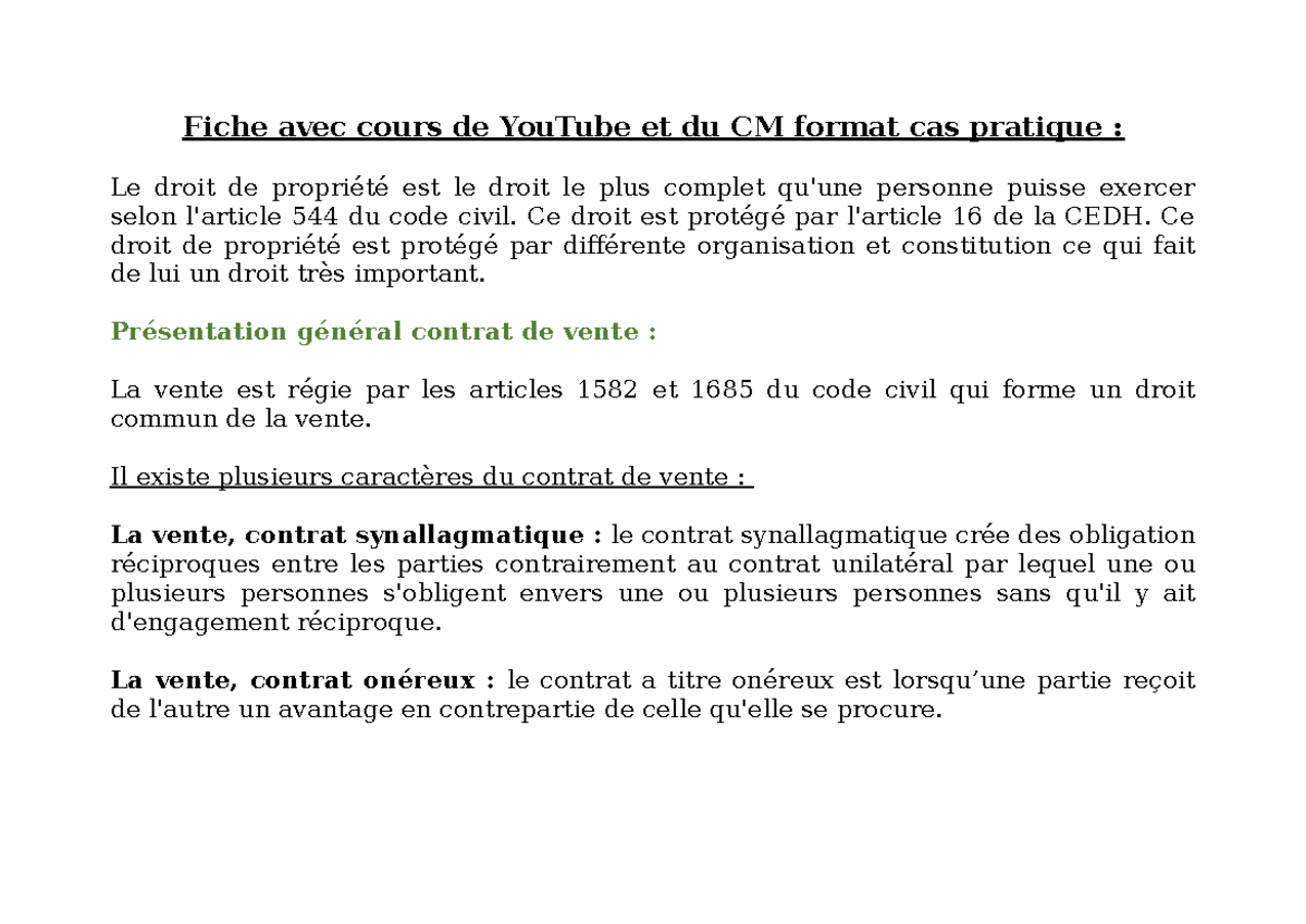 Fiche de révision Contrats Spéciaux - Fiche avec cours de YouTube et du ...