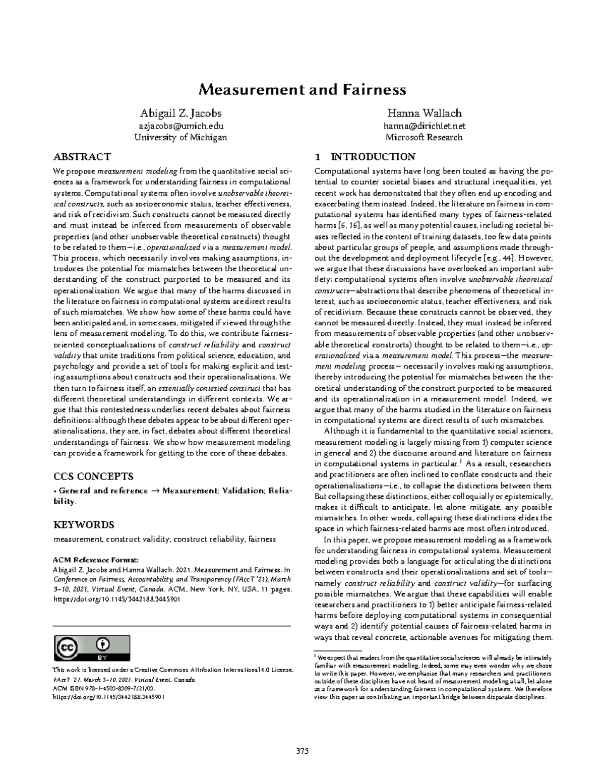Measurement and fairness - jacobs wallach - Measurement and Fairness ...