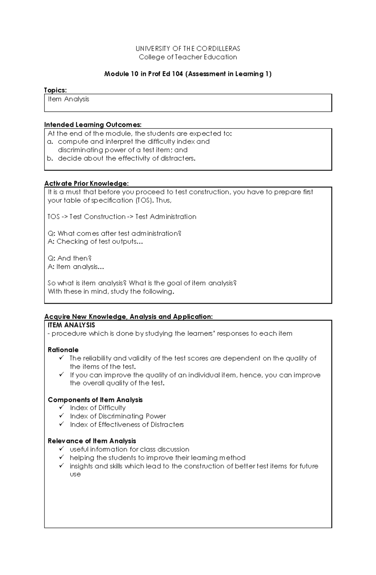 Module 10 - Item Analysis - UNIVERSITY OF THE CORDILLERAS College of ...
