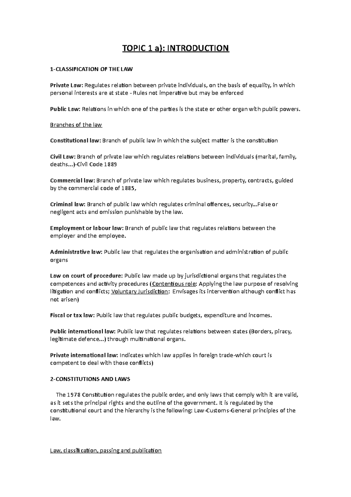 Examen Parcial Derecho 2020-21 - TOPIC 1 a): INTRODUCTION 1-CLASSIFICATION OF THE LAW Private ...