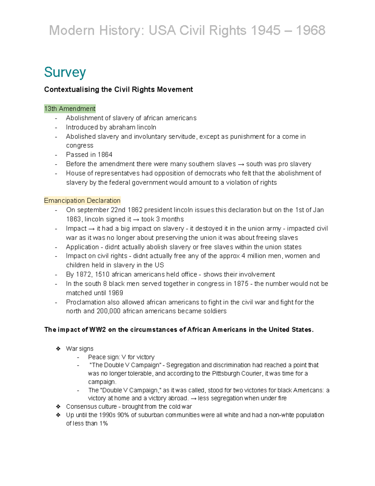 Modern History Syllabus Complete Notes for Civil Rights - Studocu