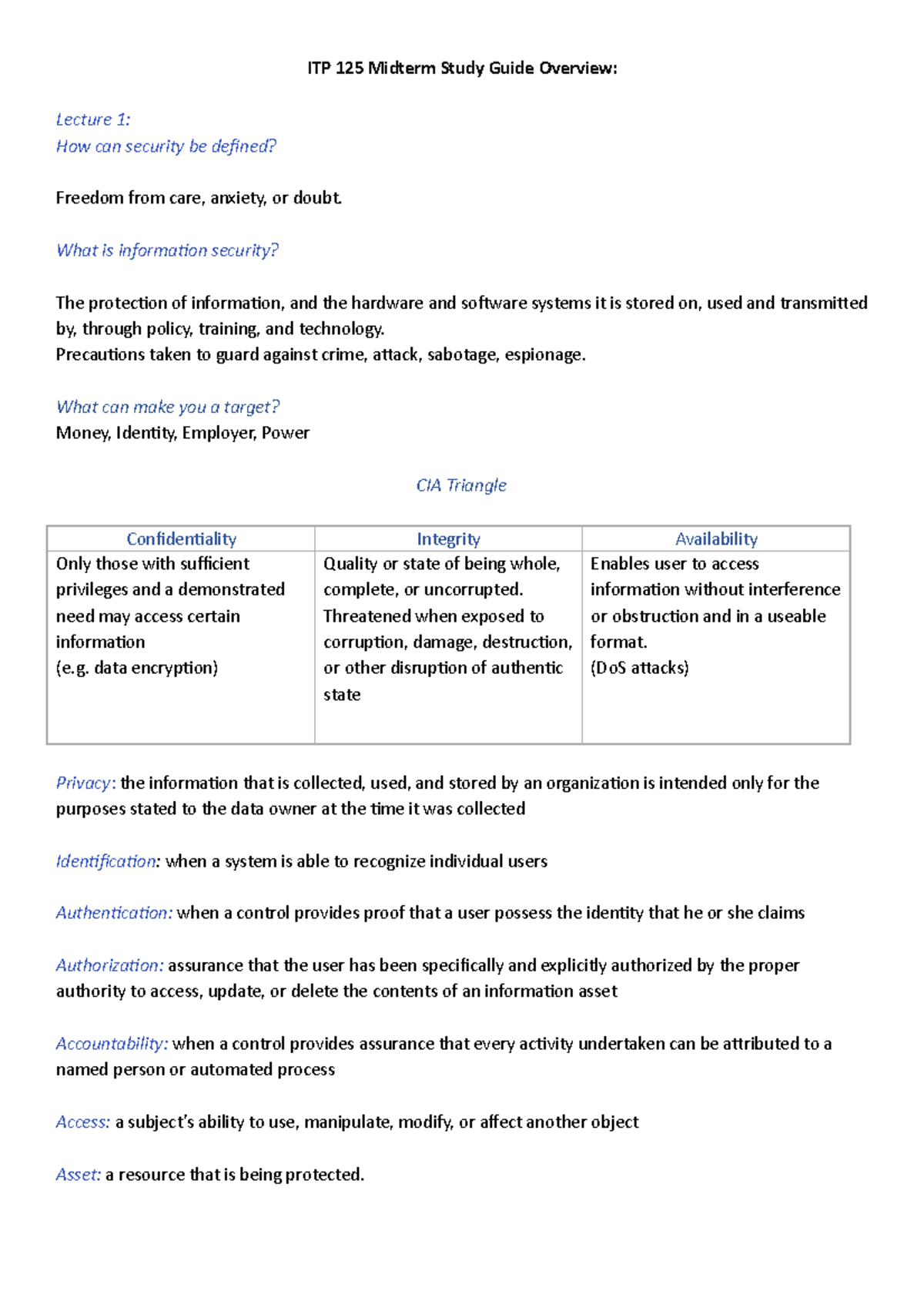 ITP 125 Midterm Study Guide - What is information security? The ...