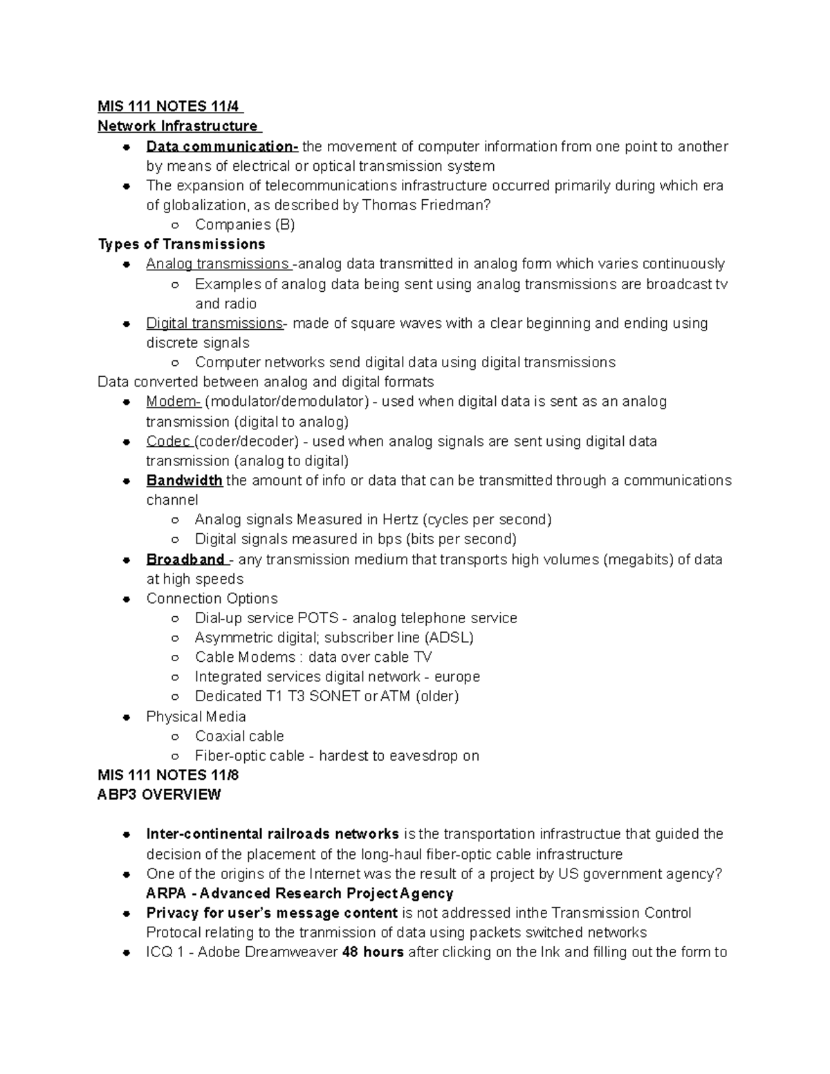 MIS111 Notesnovto Dec - In-class notes from November and december ...
