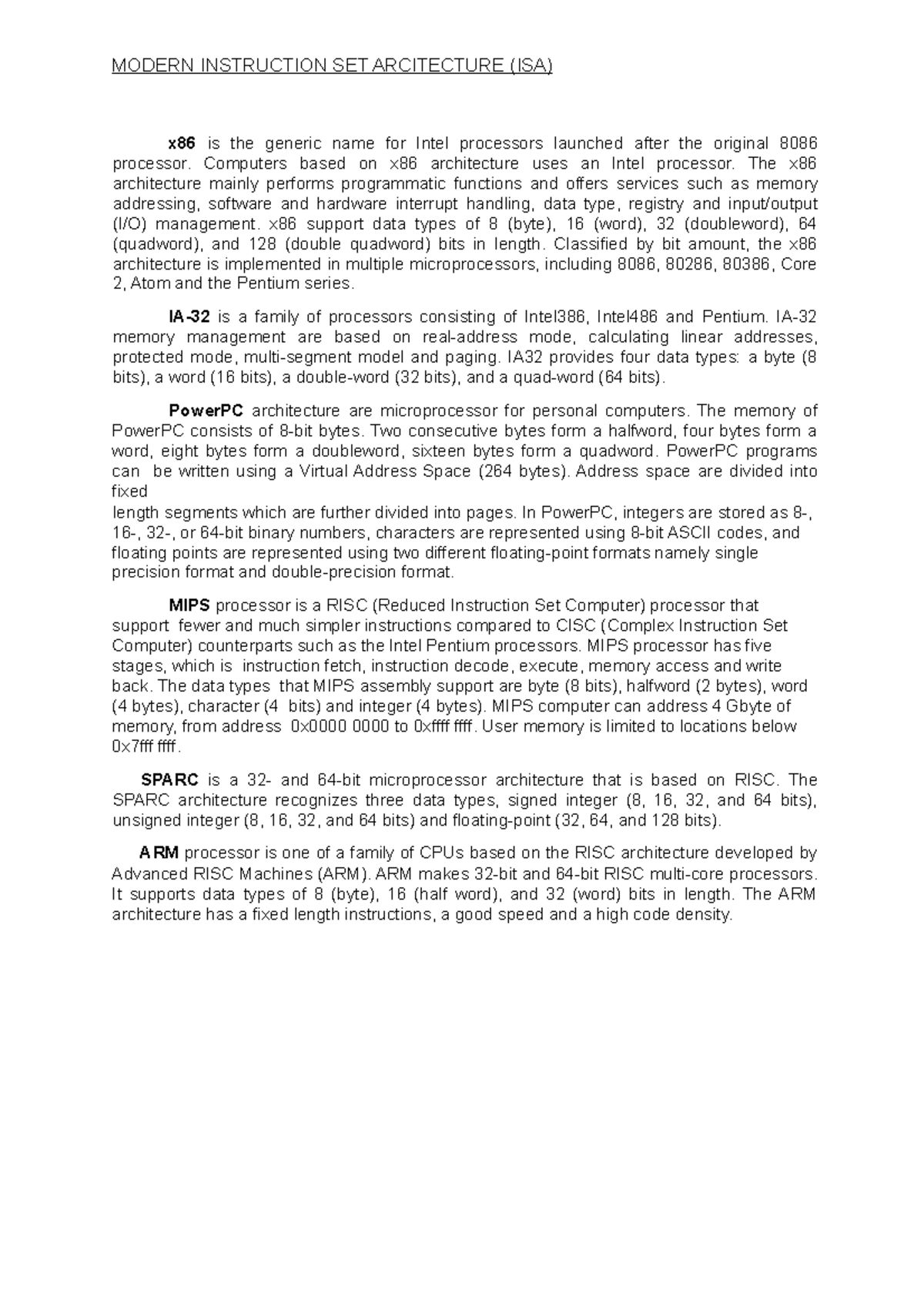 CSC429 Modern Instruction SET Arcitecture - MODERN INSTRUCTION SET ARCITECTURE (ISA) x86 is the ...