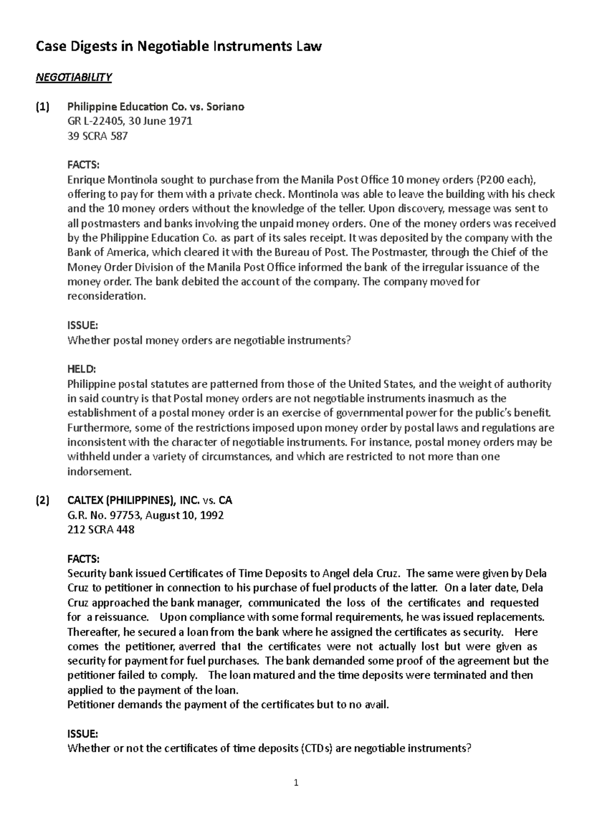 Case-Digests in NIL - Case Digests on Negotiable Instruments Law - Case ...
