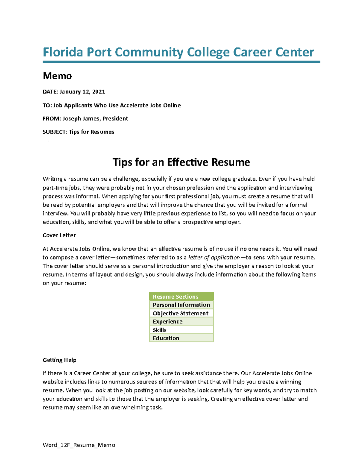Dorsey Word 12F Resume Memo - Florida Port Community College Career ...