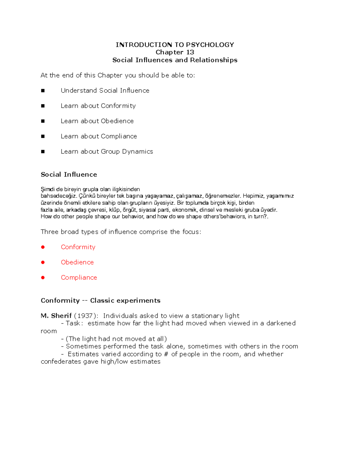 Conformity lecture notes - INTRODUCTION TO PSYCHOLOGY Chapter 13 Social ...
