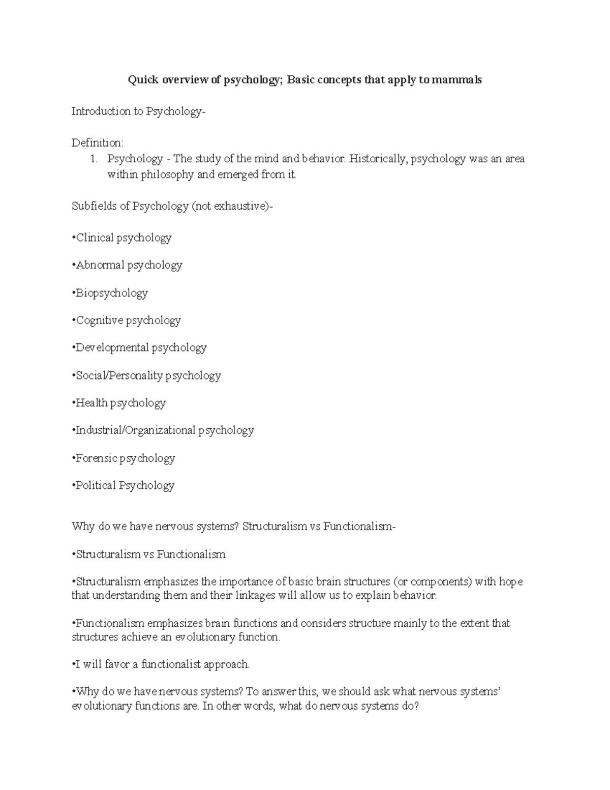 Quick overview of psychology; Basic concepts that apply to mammals ...