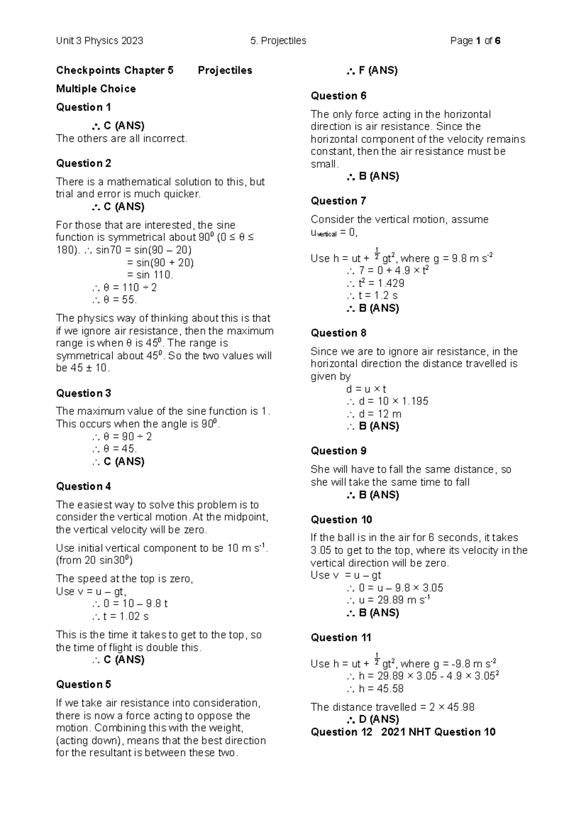 5 Checkpoints Projectile Motion solutions 2023 - Checkpoints Chapter 5 Projectiles Multiple ...
