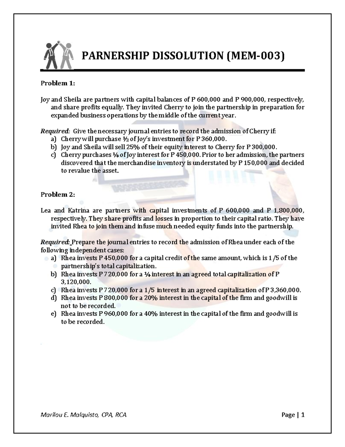 Partnership-Dissolution-Problems - Marilou E. Malquisto, CPA, RCA Page ...