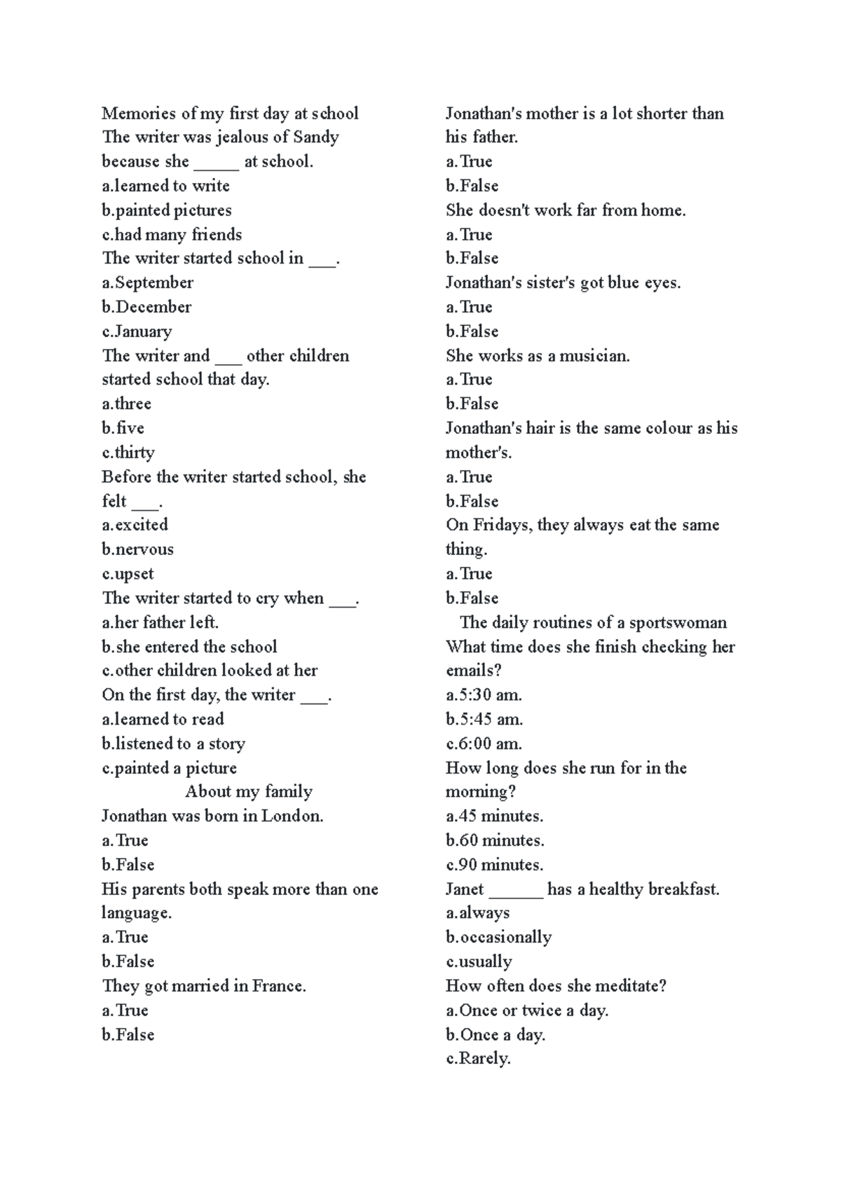 A1 reading - Memories of my first day at school The writer was jealous ...