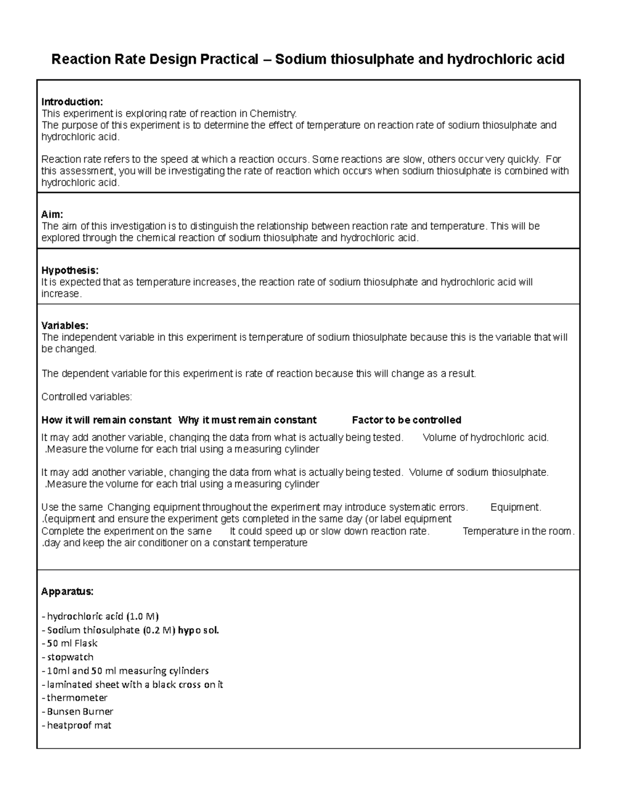Reaction Rate Design docs - Reaction Rate Design Practical – Sodium ...