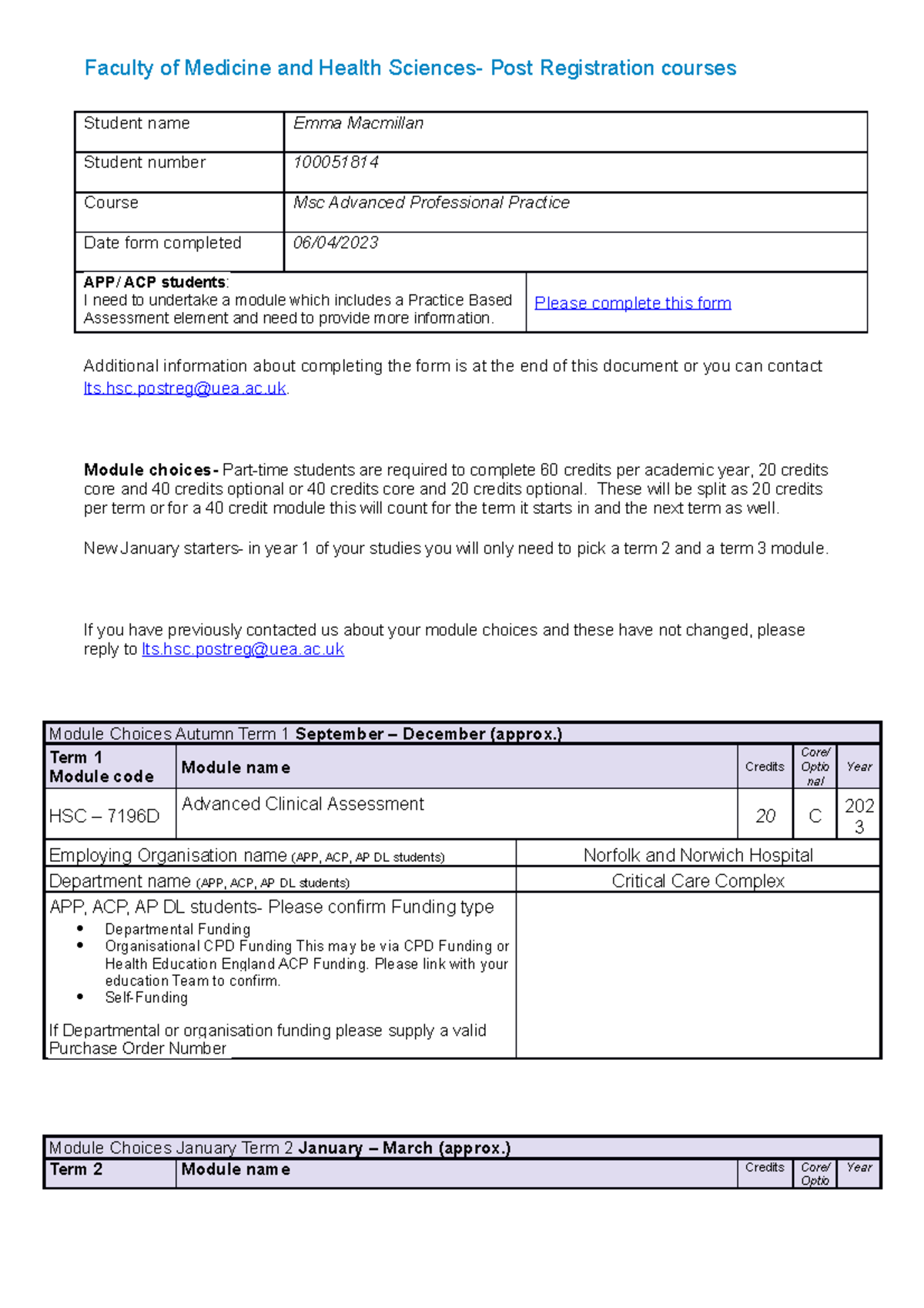Module choice form 2023-4 - Faculty of Medicine and Health Sciences ...