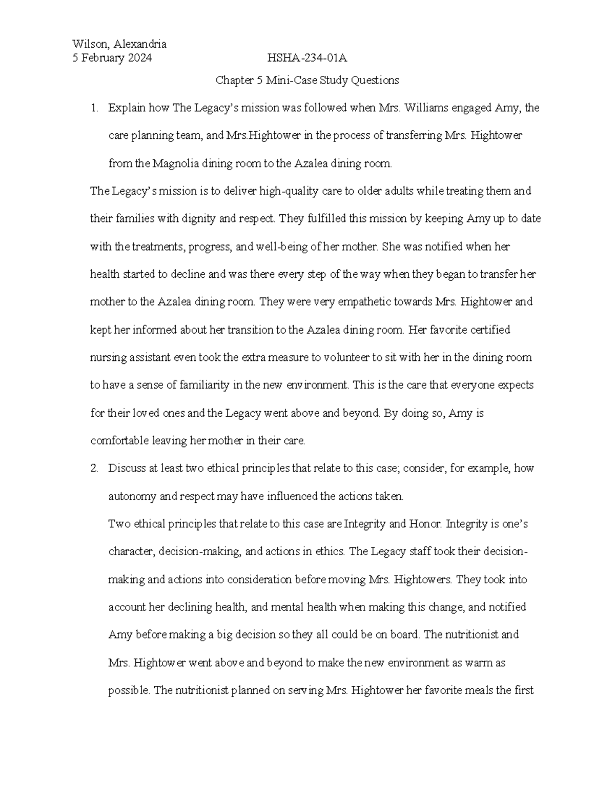 Ch5 Mini-Case - Chapter 5 Mini case study - Wilson, Alexandria 5 February 2024 HSHA-234-01A ...