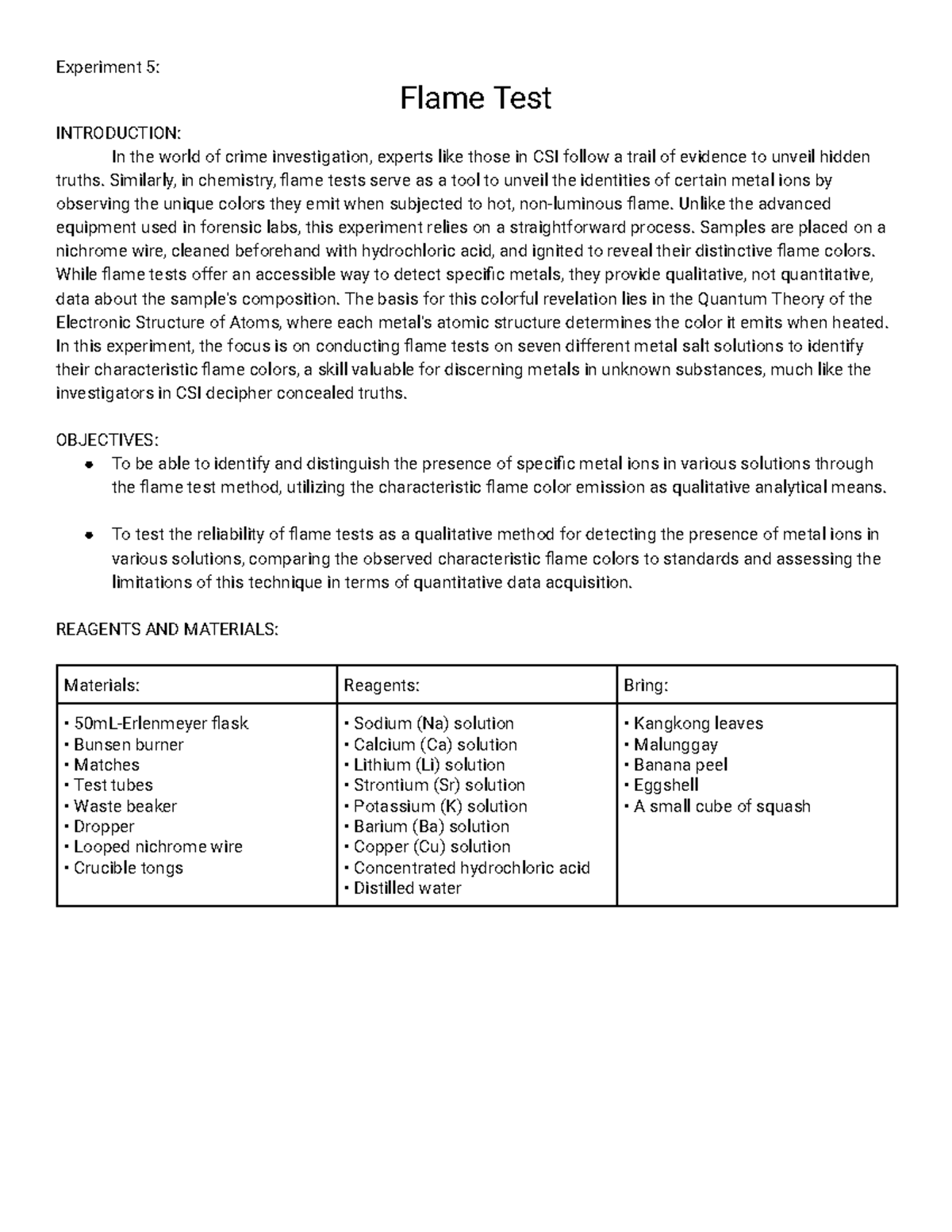 Compiled Prelabs - Experiment 5: Flame Test INTRODUCTION: In the world ...