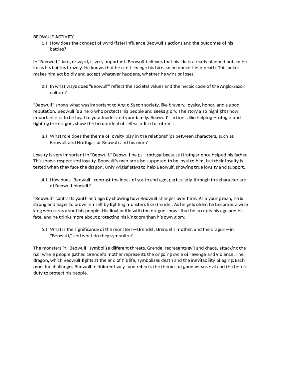 Beowulf - ksiaox - BEOWULF ACTIVITY 1.) How does the concept of wyrd ...