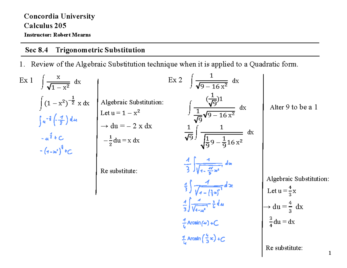 Note Outline Sec 8.4 Trigonometric Substitutions - Concordia University ...