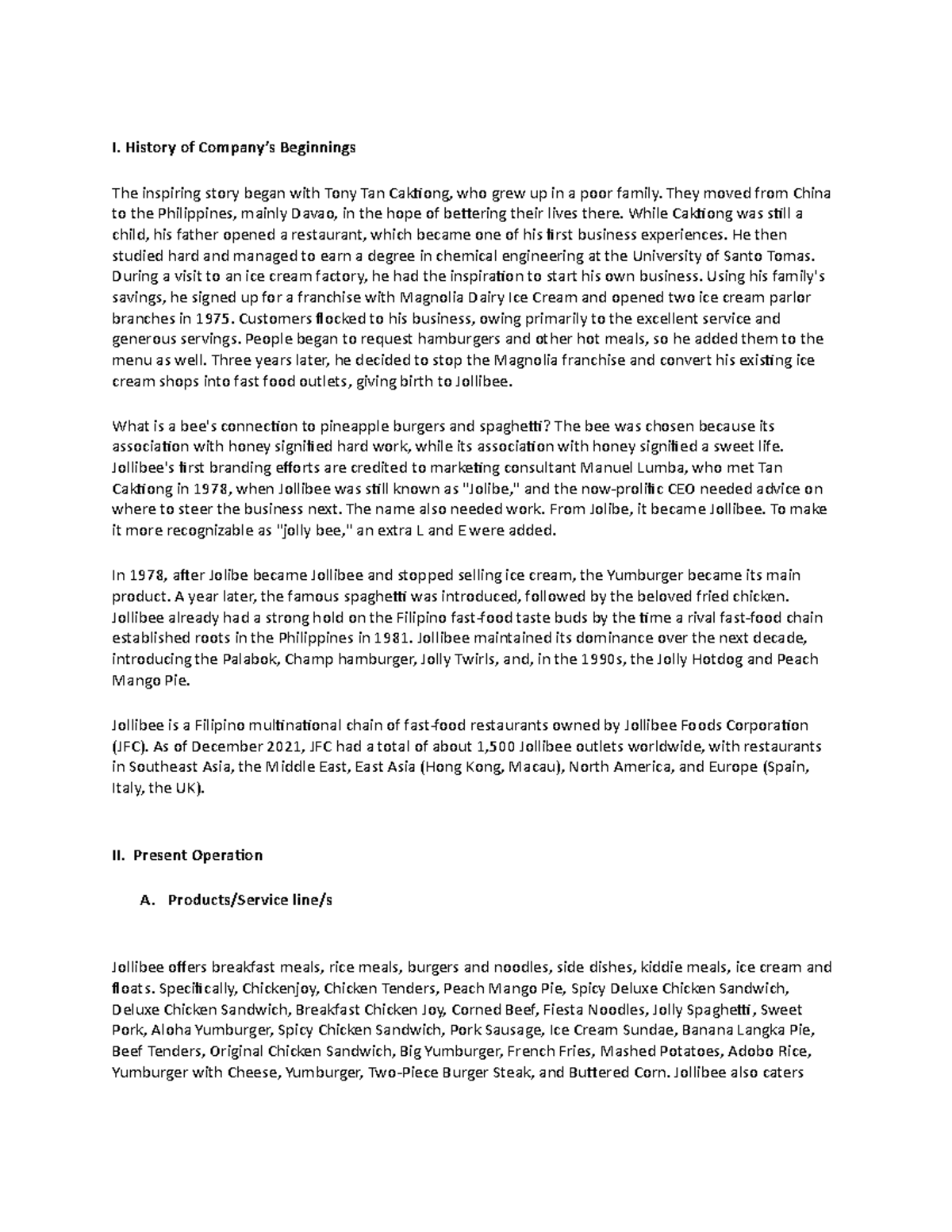 Business Finance Research - I. History of Company’s Beginnings The ...
