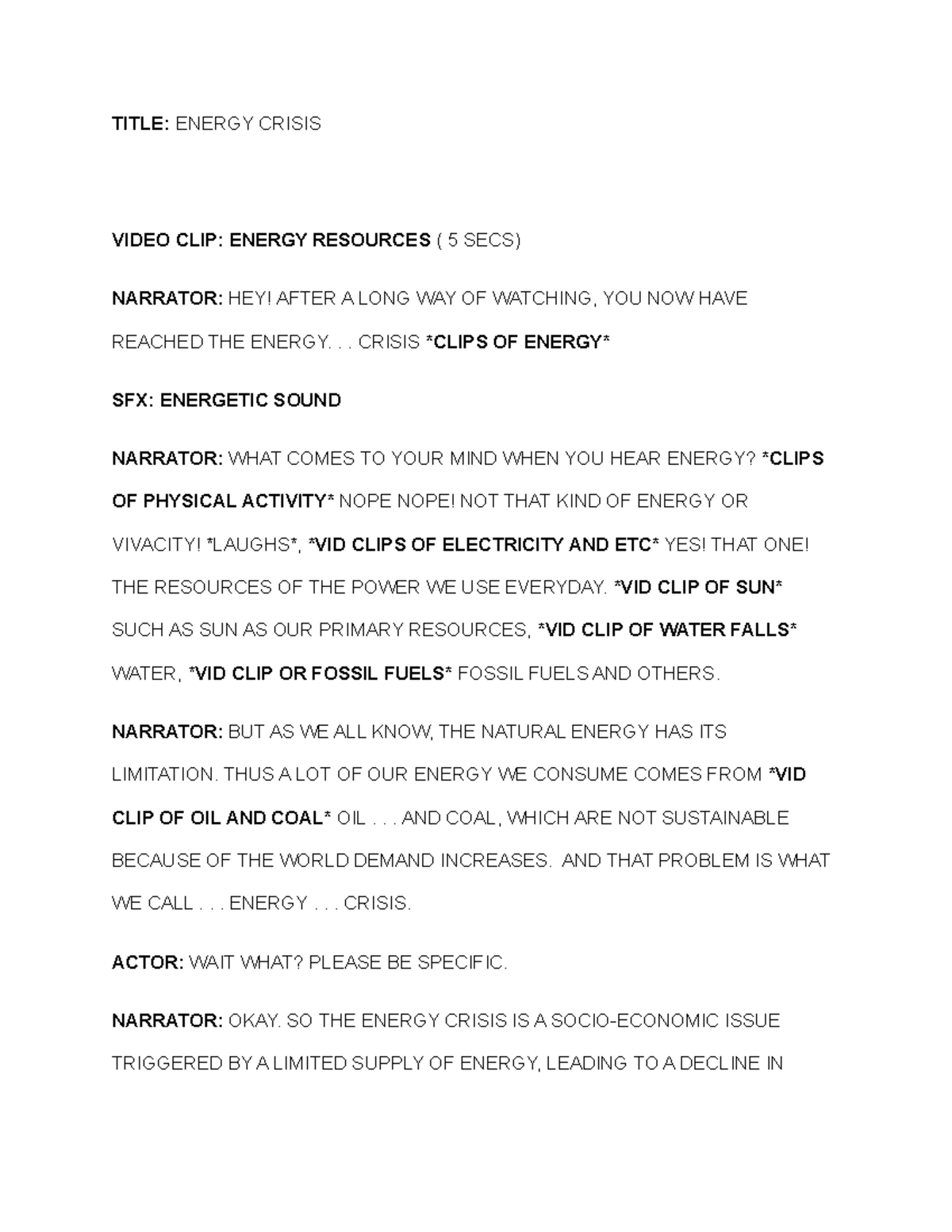 Script-sts - Hshs - TITLE: ENERGY CRISIS VIDEO CLIP: ENERGY RESOURCES ...