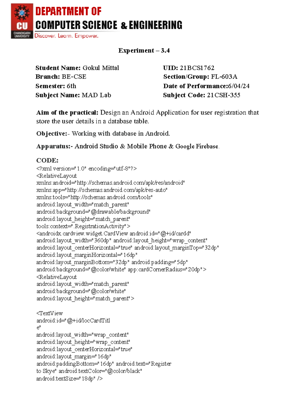 Experiment 3.4 for mad - COMPUTER SCIENCE & ENGINEERING Experiment – 3. 4 Student Name: Gokul ...