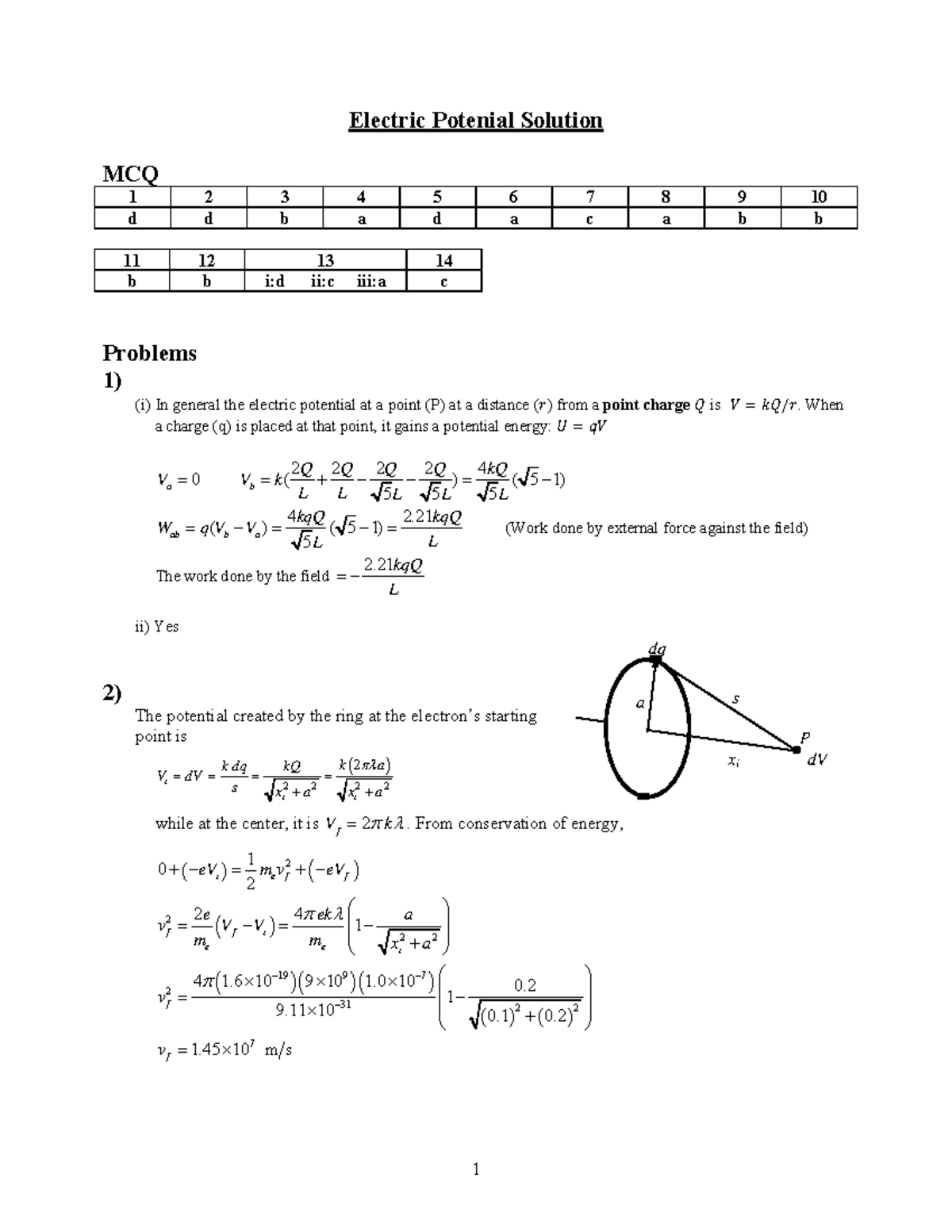 PHM022 Electric Potential 2019 Solution - 1 Electric Potenial Solution ...