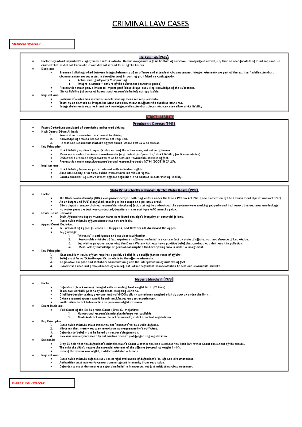 Criminal Law B (Cases) - Case summarys - CRIMINAL LAW CASES Statutory ...