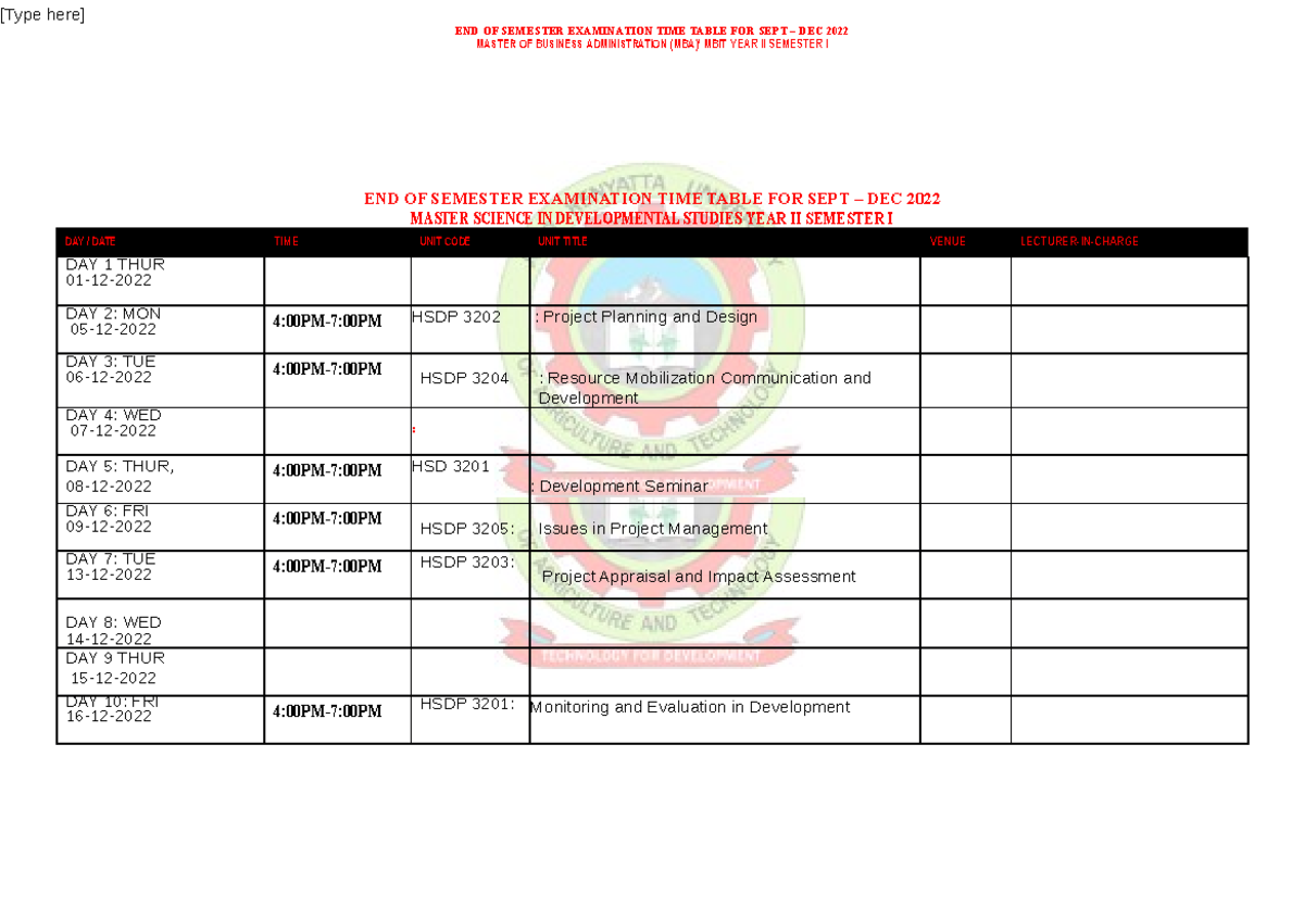 END OF Semester Examination TIME Table FOR SEPT - DECE 2022 - [Type ...