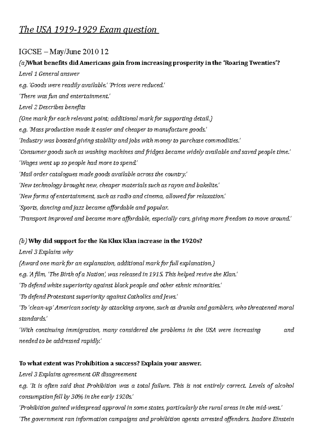 The usa i ppq - Usa history notes - The USA 1919-1929 Exam question ...