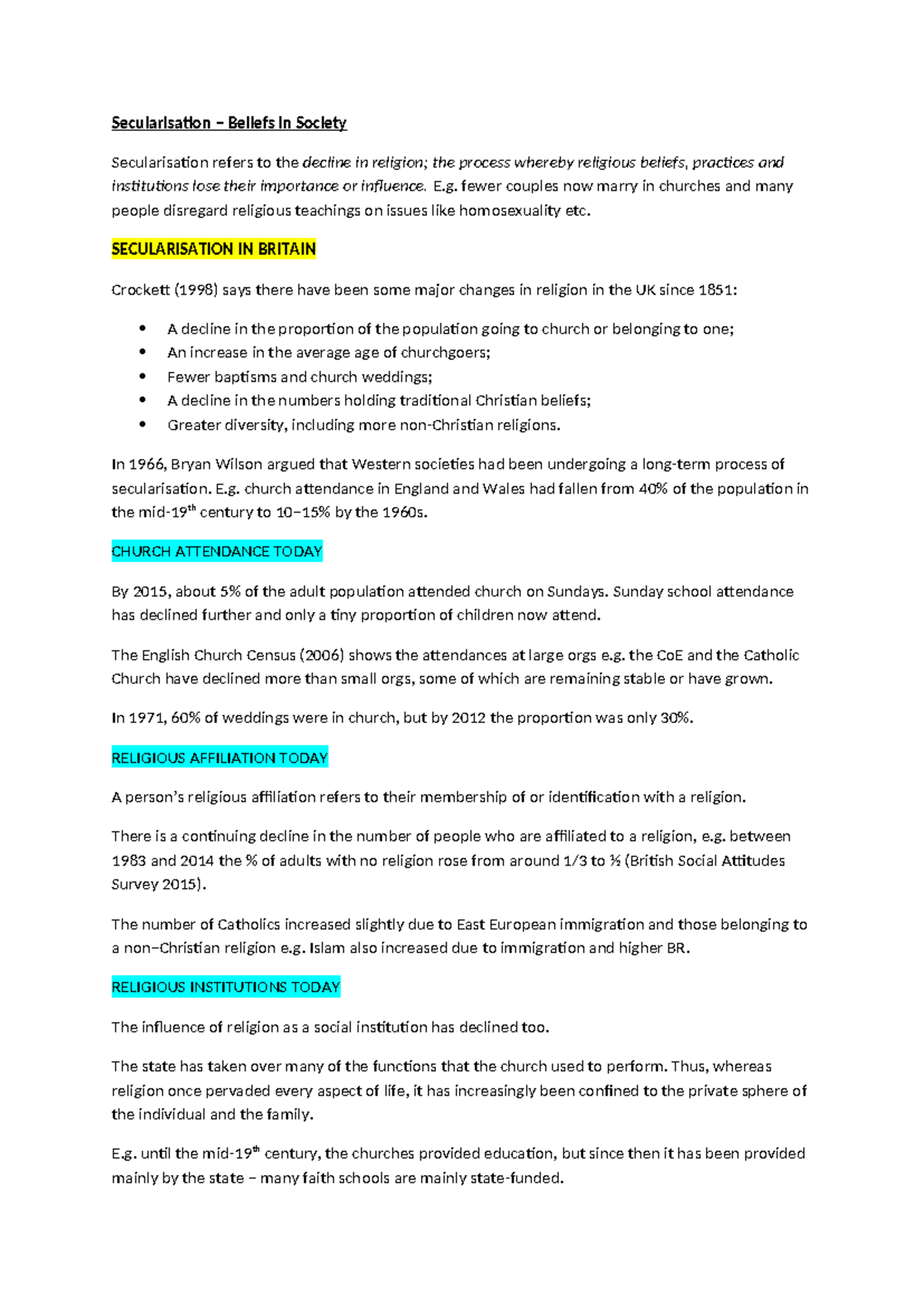 Secularisation - Sociology notes - Studocu