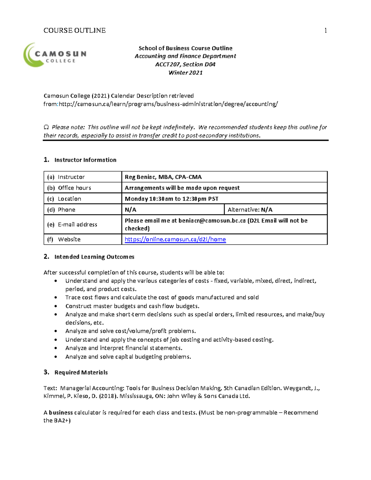 Course Outline ACCT207 W2021 (Monday) - School of Business Course ...