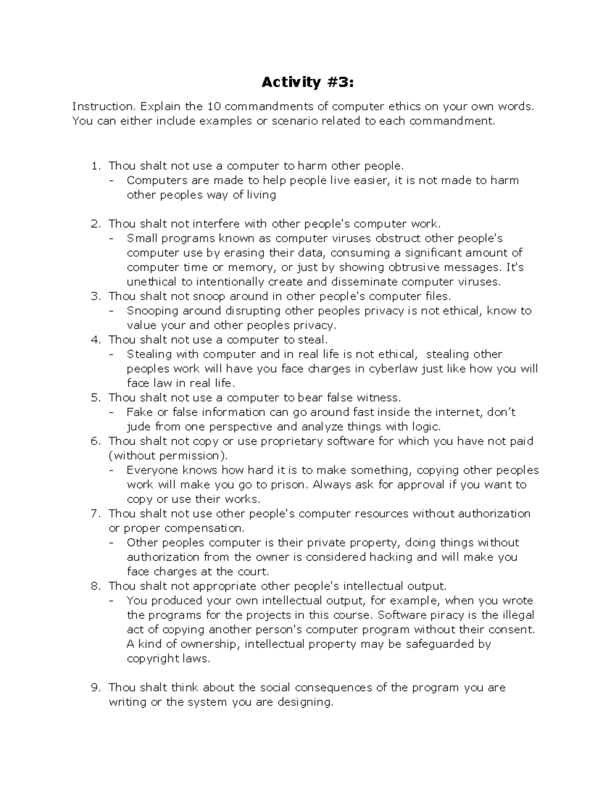 SP2 activity 3 - Activity #3: Instruction. Explain the 10 commandments ...