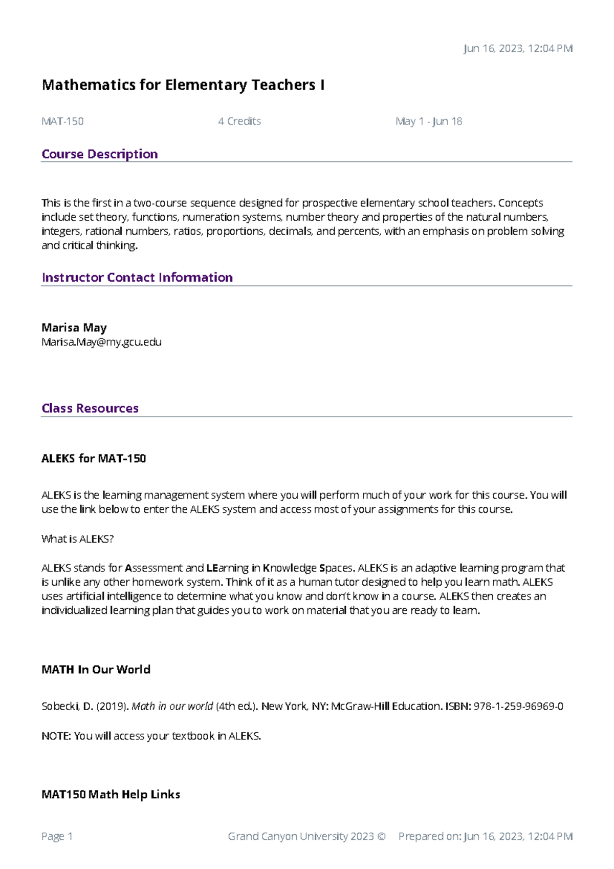 Syllabus MAT-150-O503-20230501 - Jun 16, 2023, 12:04 PM Mathematics for ...