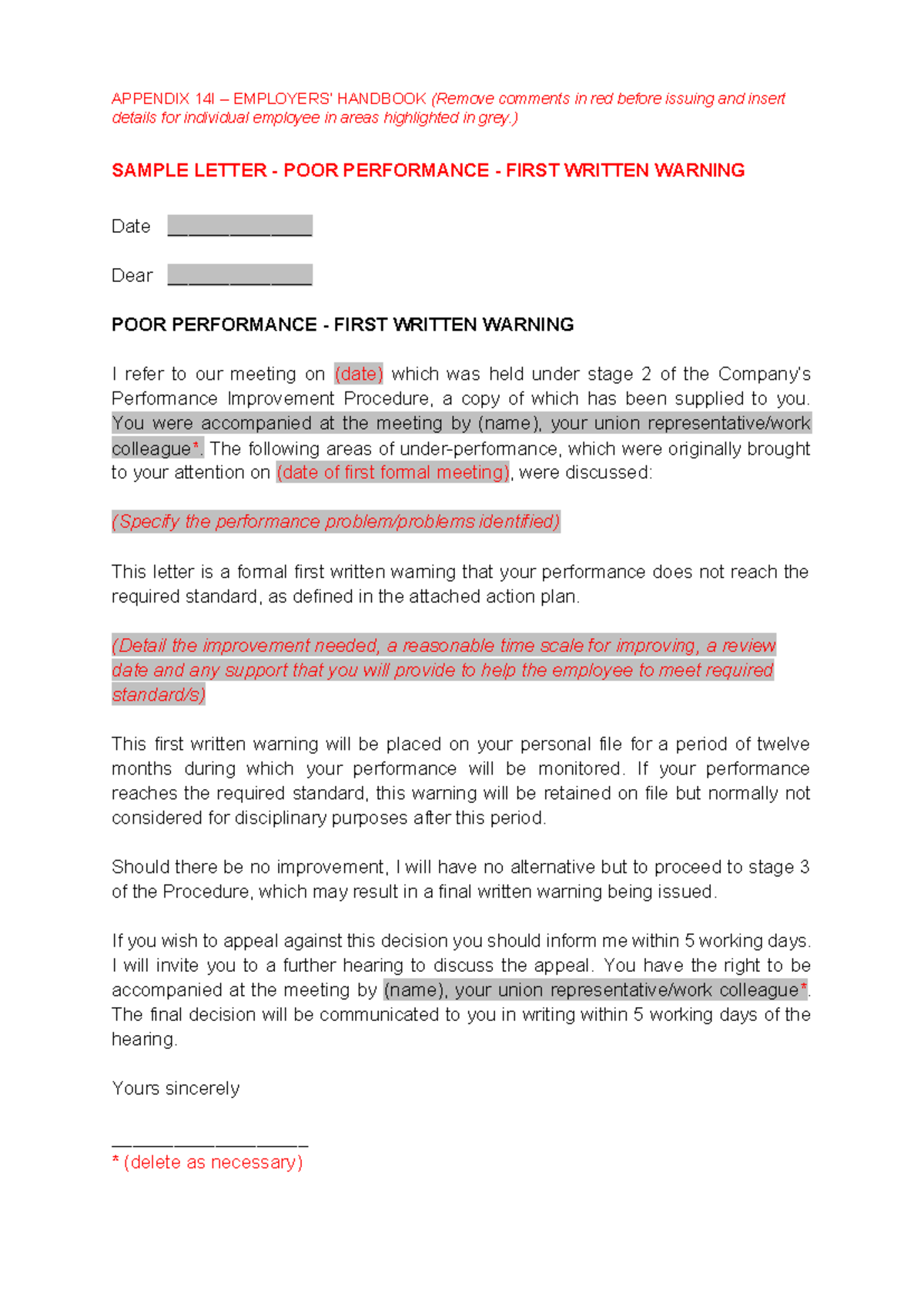 14I Sample letter of first written warning due to poor performance ...