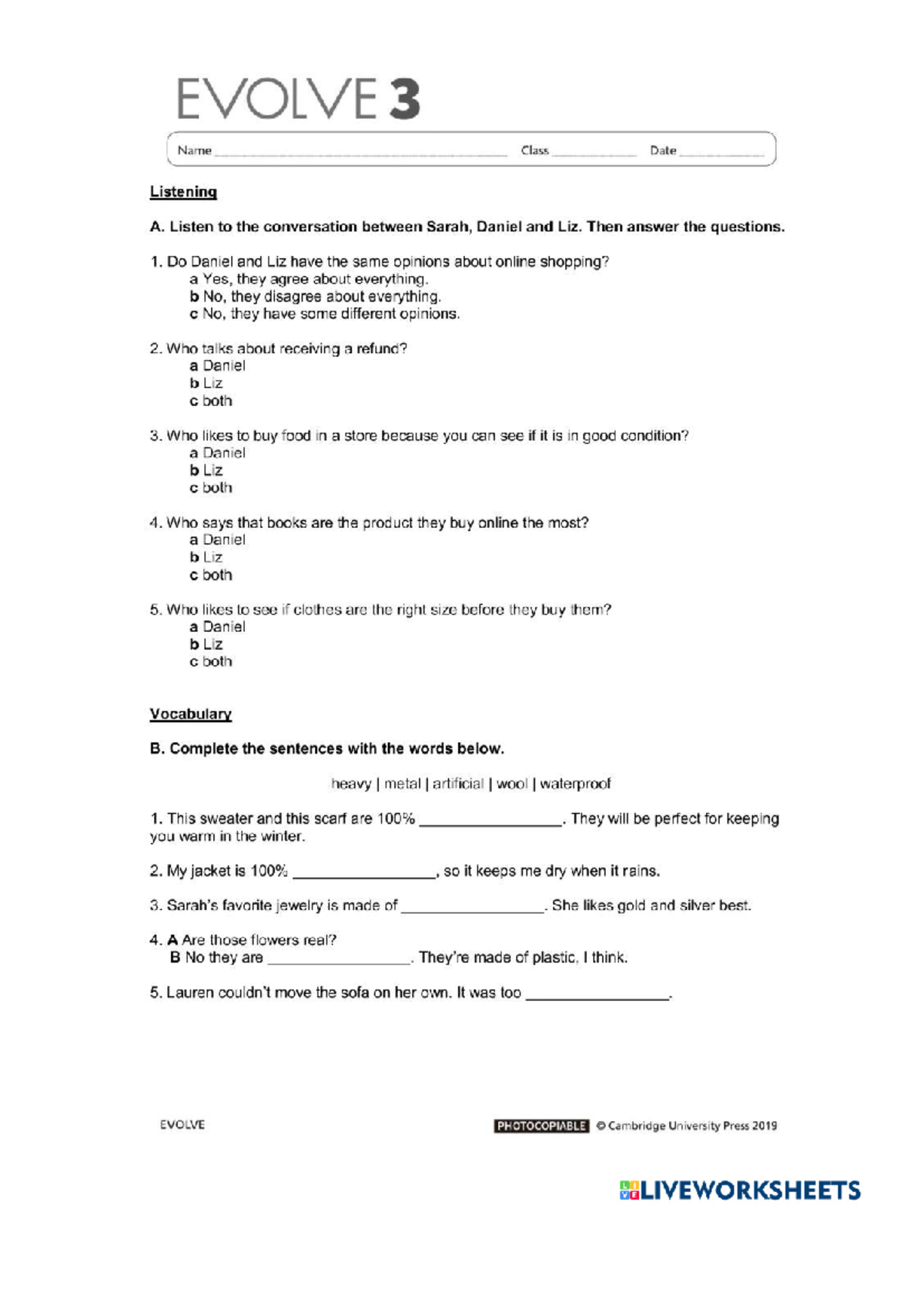 Document - TAREA - EVOLVE3 Name Class Date Listening A. Listen to the conversation between Sarah ...