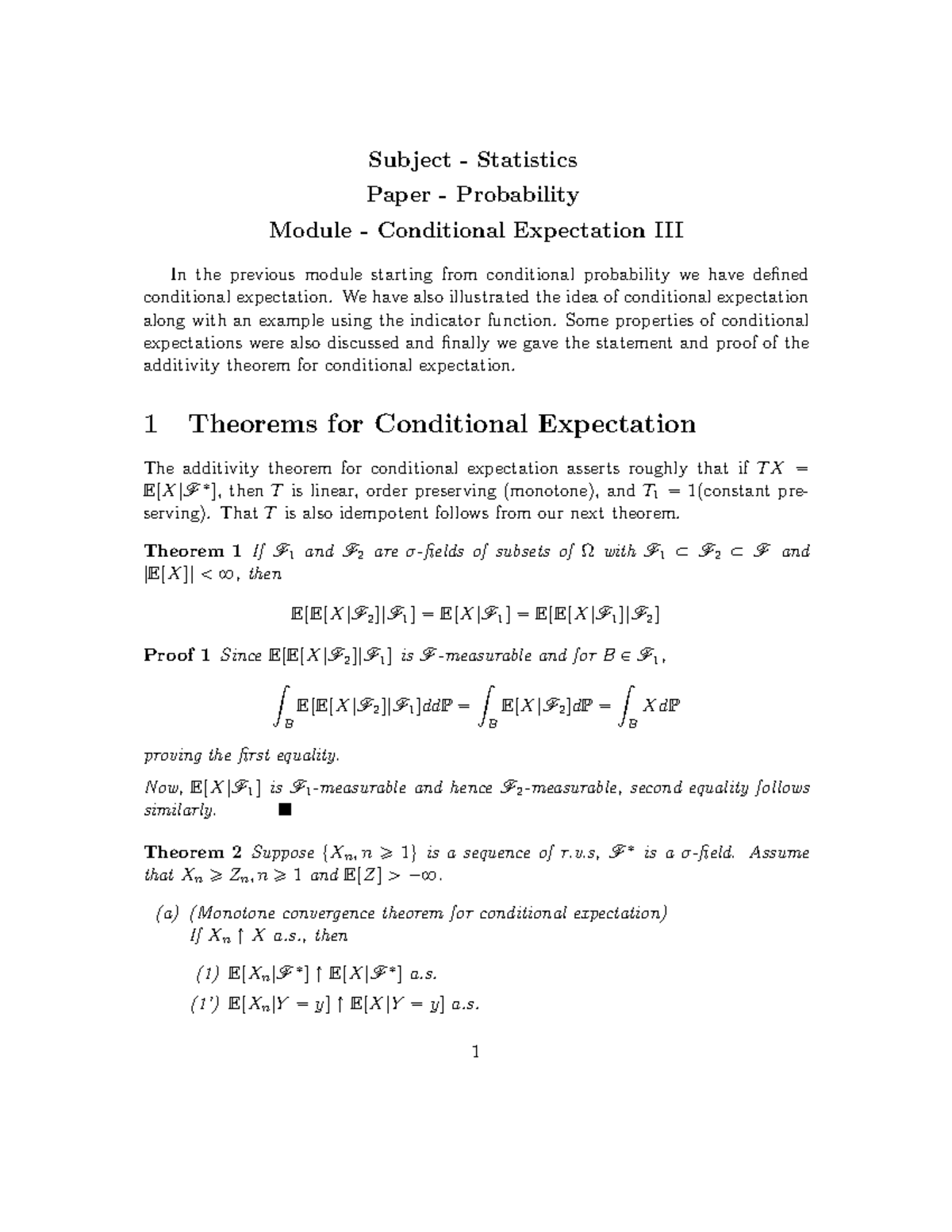 Conditional Expectation - 3 - Subject - Statistics Paper - Probability ...