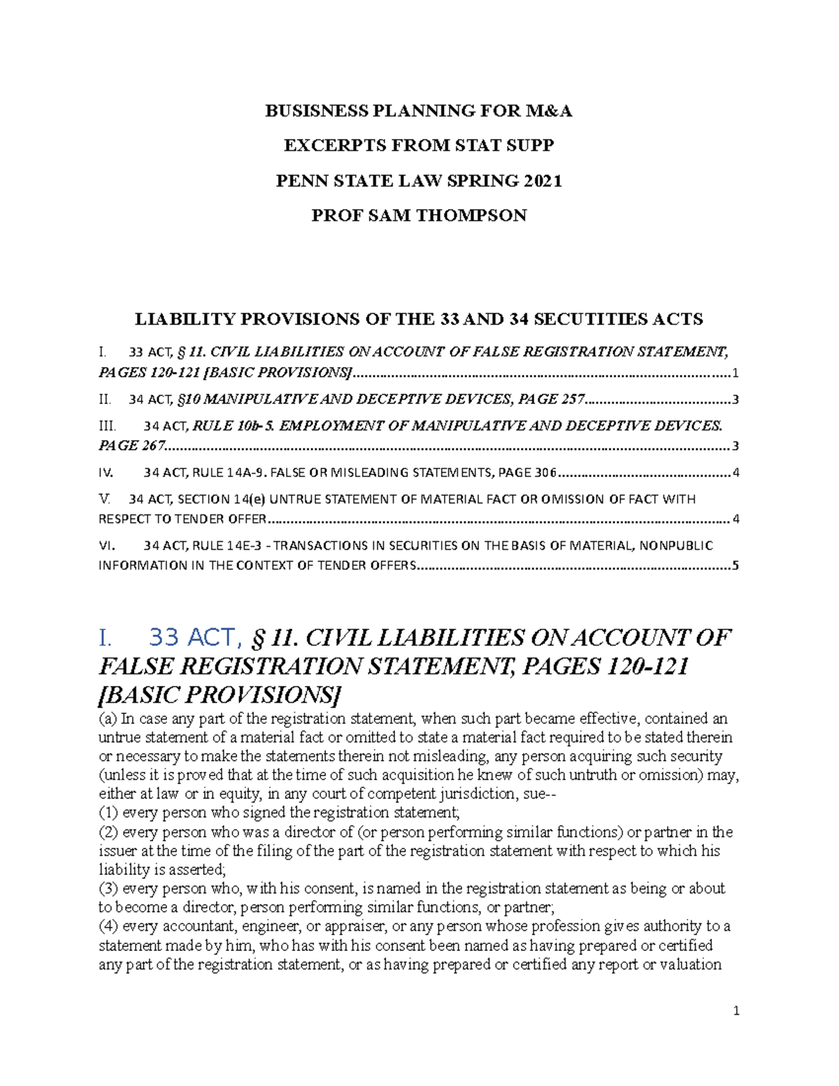 Liability Provisions OF THE 33 AND 34 Secutities ACTS - BUSISNESS ...