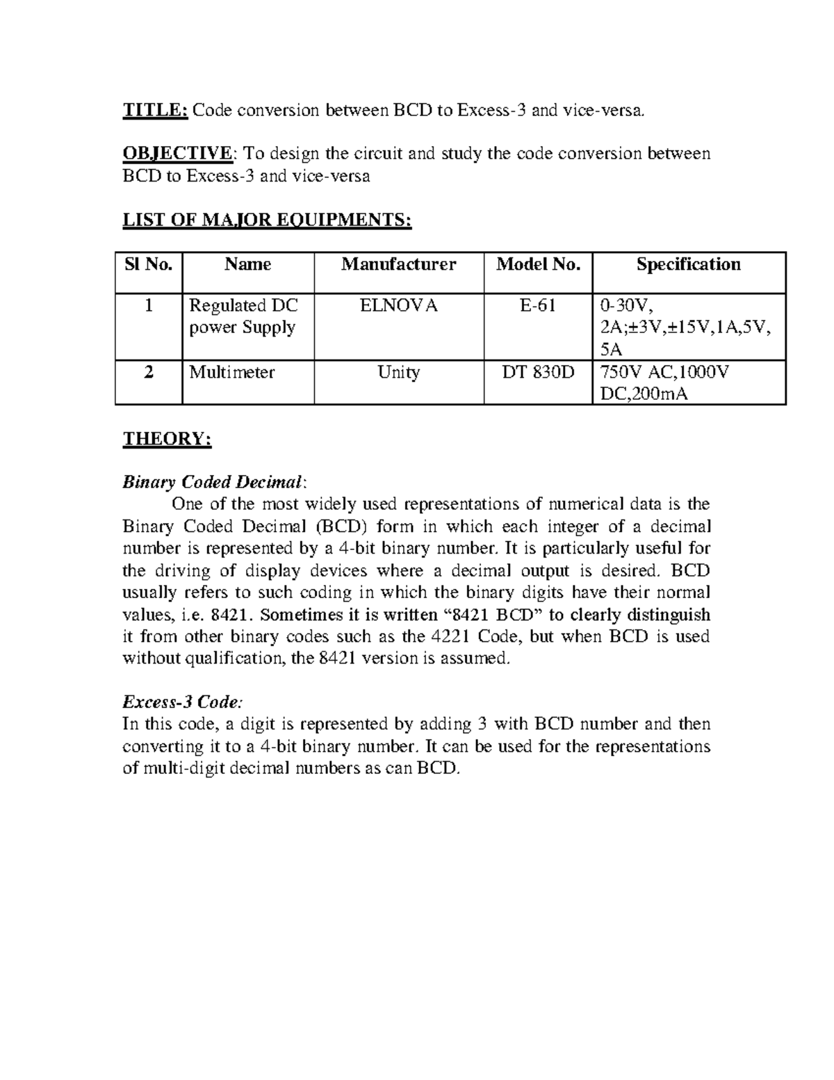 BCD TO Excess-3 Conversion AND VICE Versa - TITLE: Code conversion ...