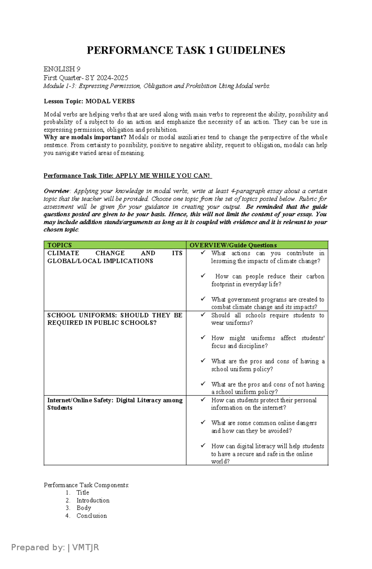 Rubric FOR Assessment - PERFORMANCE TASK 1 GUIDELINES ENGLISH 9 First ...