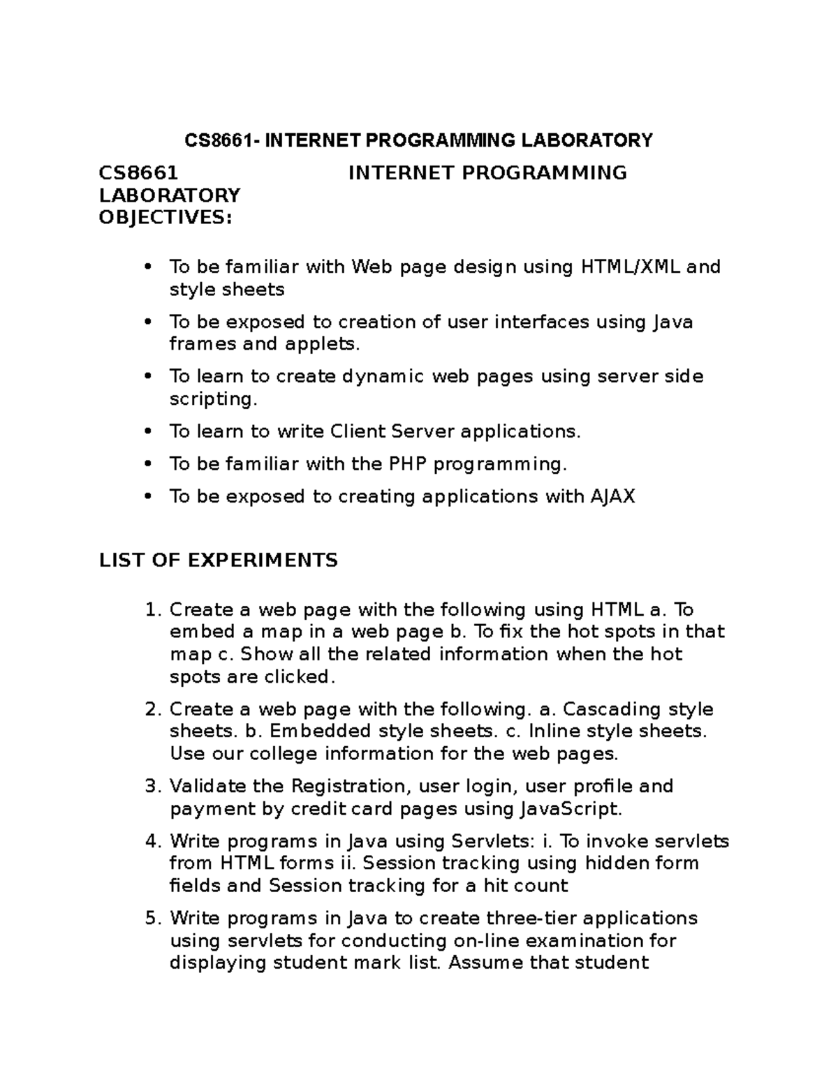 CS8661 IP LAB Syllabus - CS8661- INTERNET PROGRAMMING LABORATORY CS8661 INTERNET PROGRAMMING ...