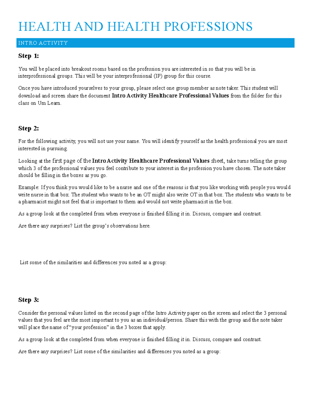 Intro Game Instructions - HEALTH AND HEALTH PROFESSIONS INTRO ACTIVITY ...