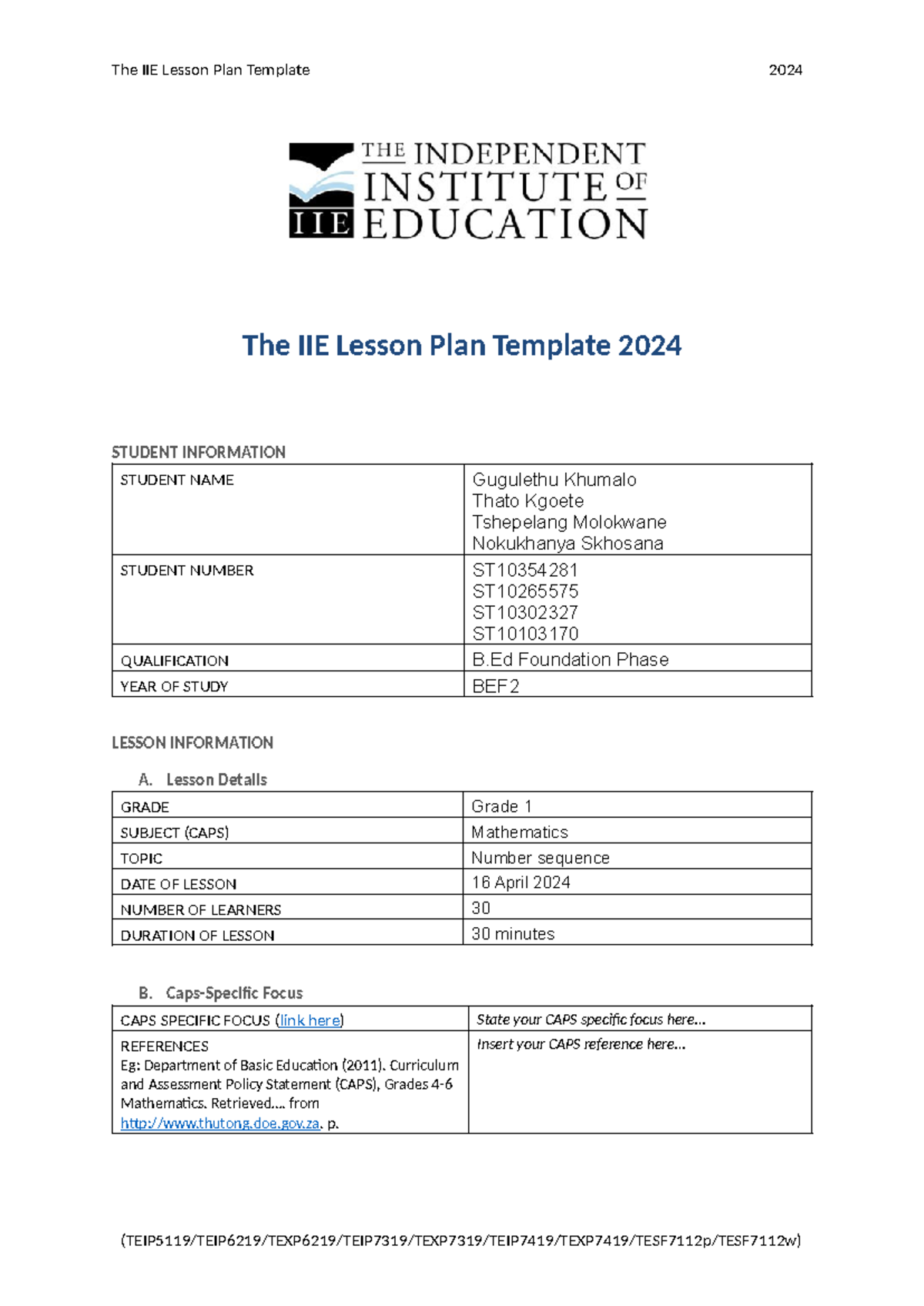 TEIP7419 TE404 Lesson Plan Template - The IIE Lesson Plan Template 2024 ...