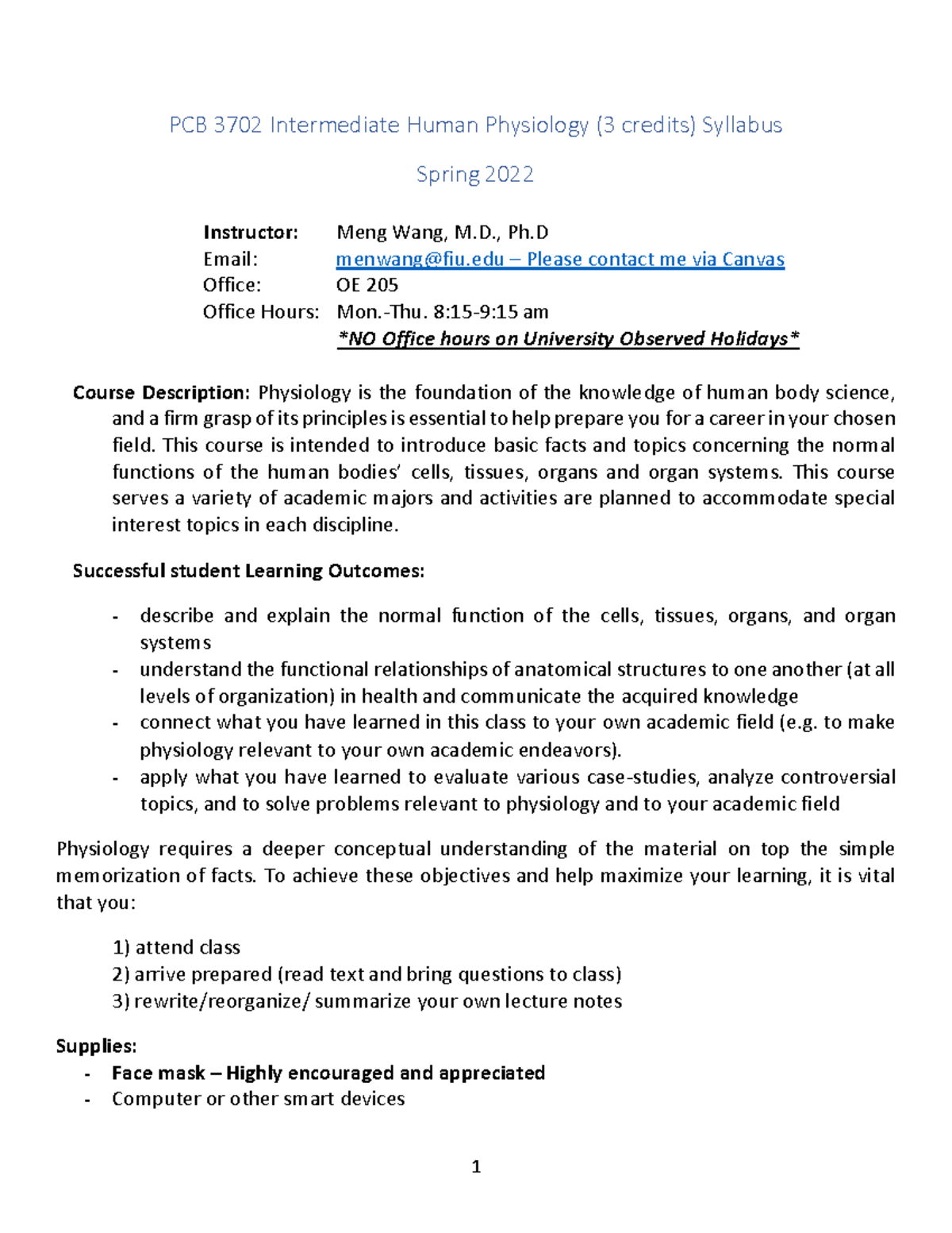 1 - syllabus - 1 PCB 3702 Intermediate Human Physiology (3 credits ...