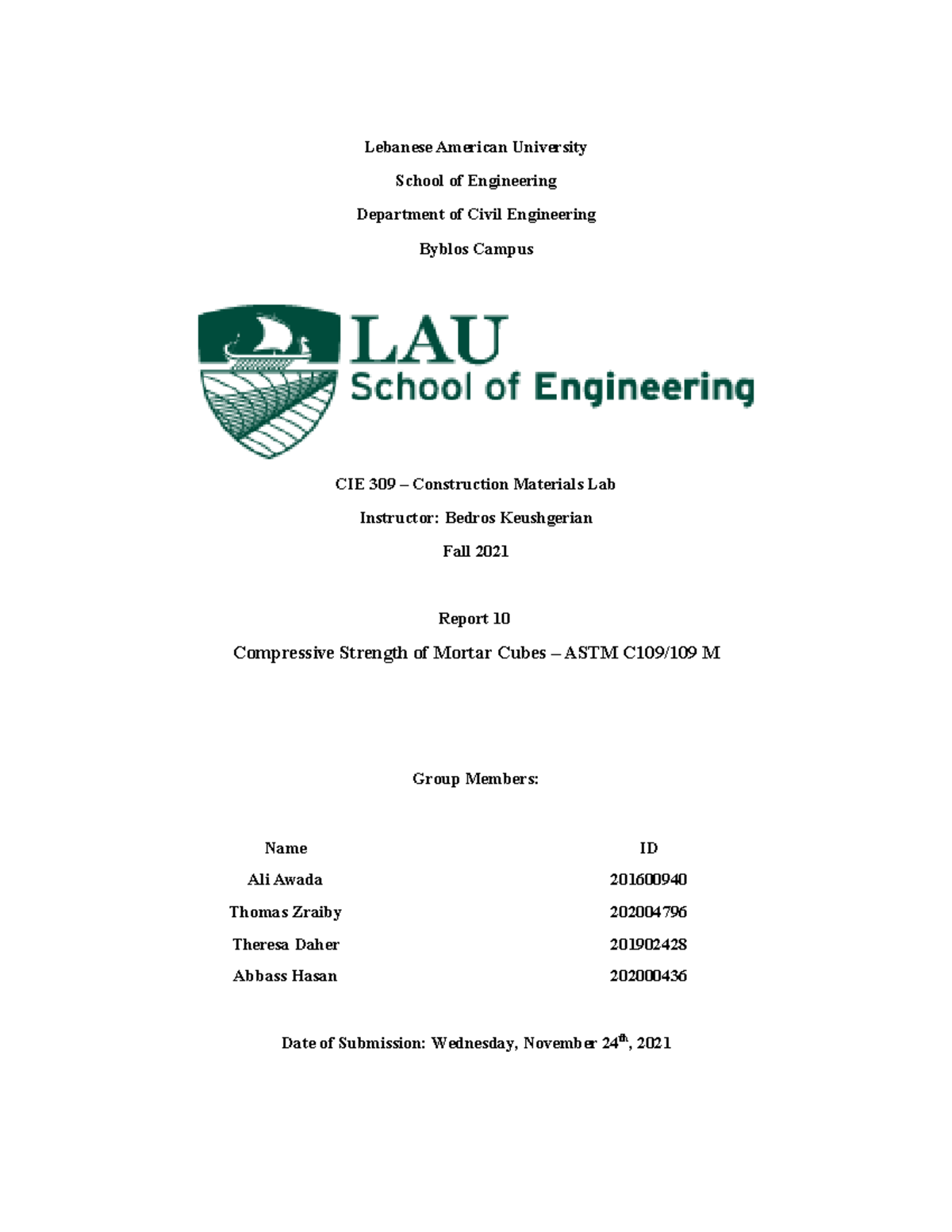 Lab 10- Compressive strength of mortar cubes - Lebanese American ...