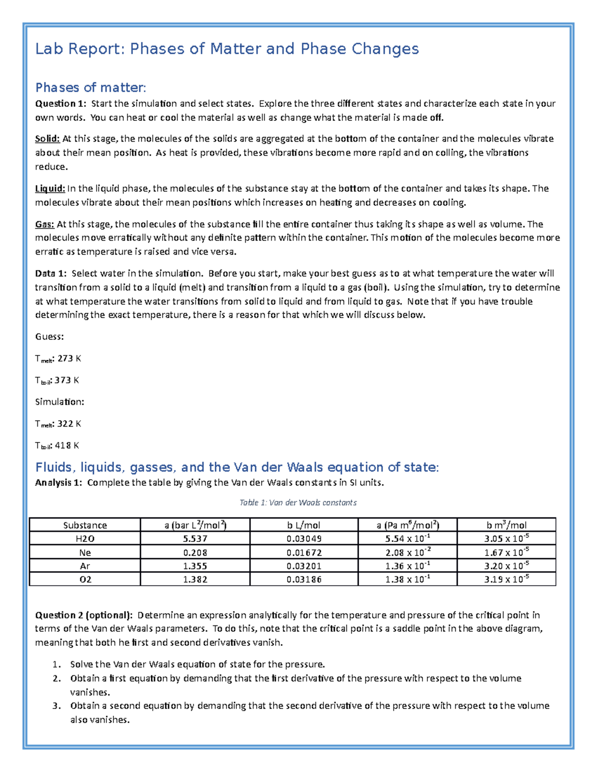 Phases of matter and phase changes - report 2 - Lab Report: Phases of ...